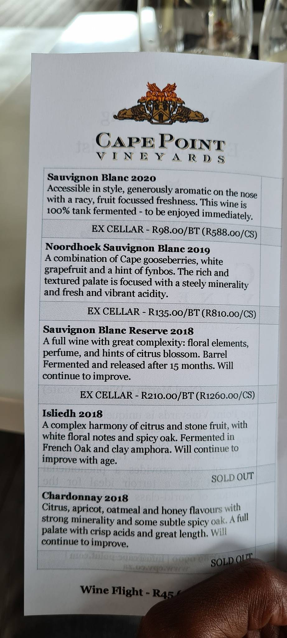Menu at Cape Point Vineyards restaurant, Cape Town