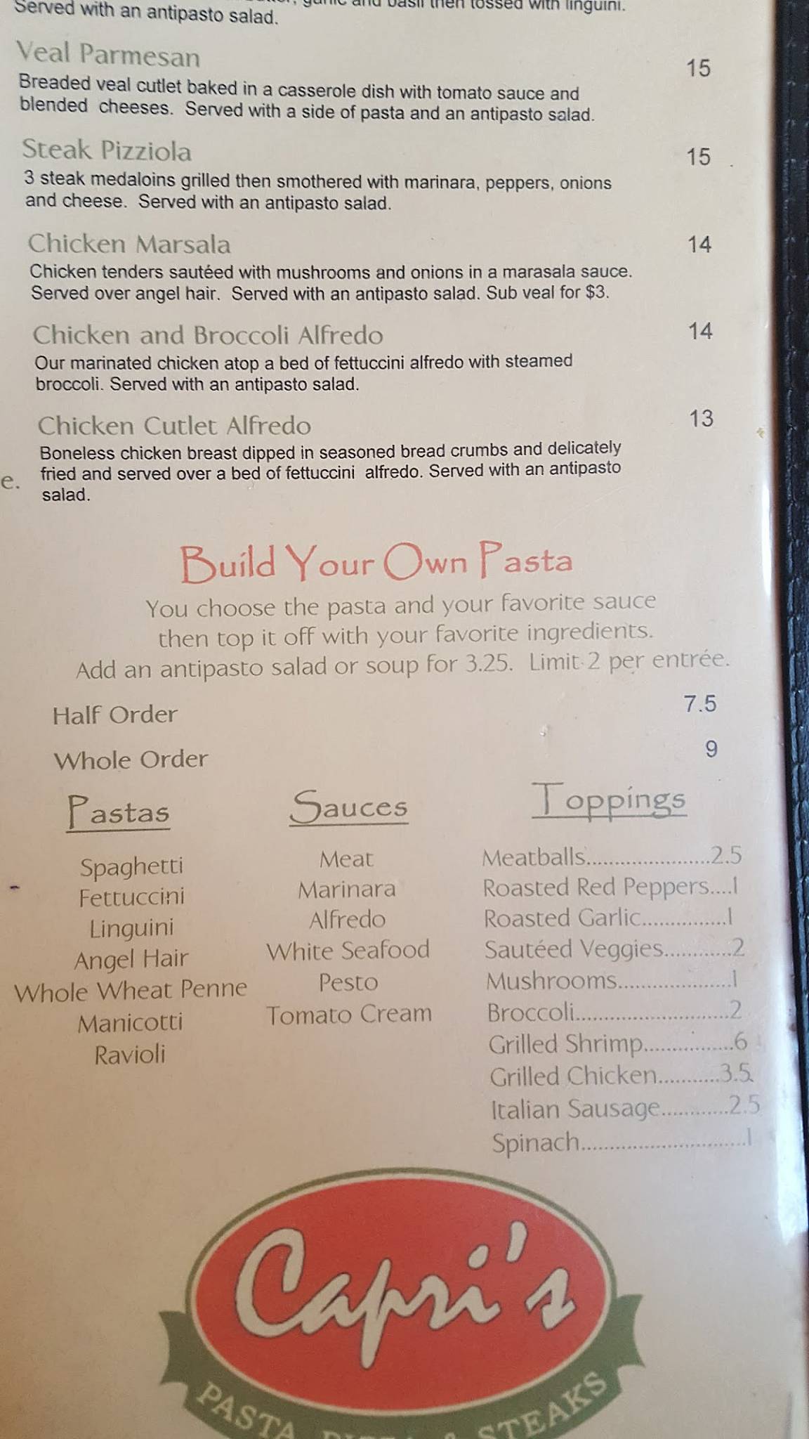 Menu at Capri's Italian Restaurant, Boiling Springs, Boiling Springs Rd