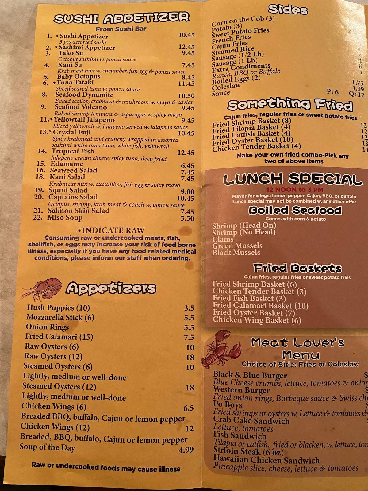 Menu at Captain Crab Seafood restaurant, Port Charlotte