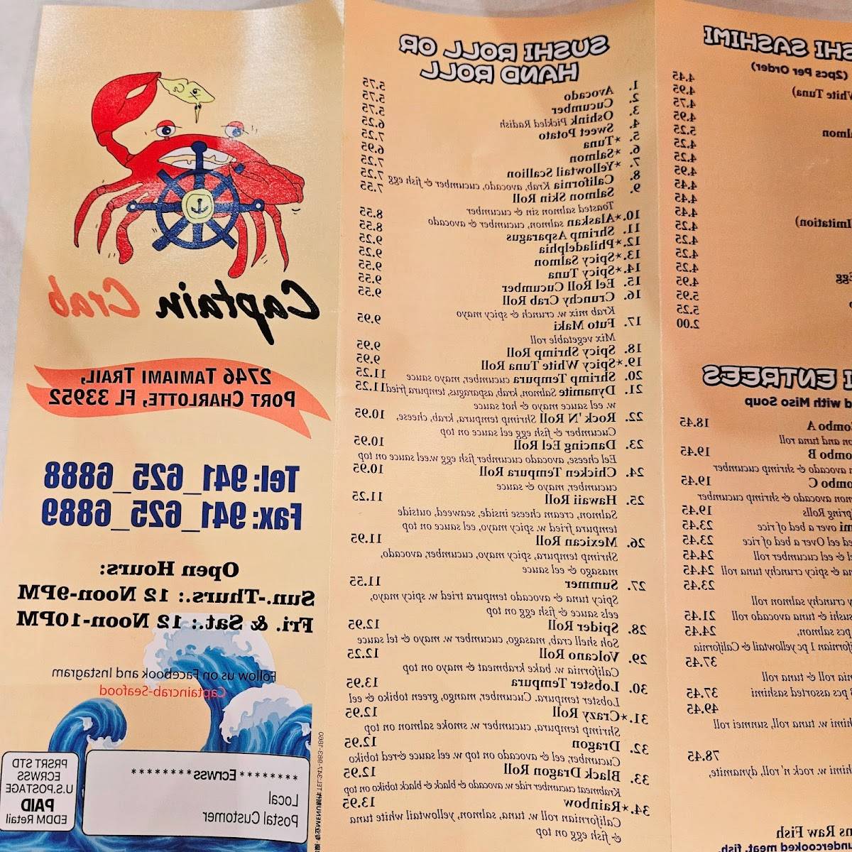 Menu at Captain Crab Seafood restaurant, Port Charlotte