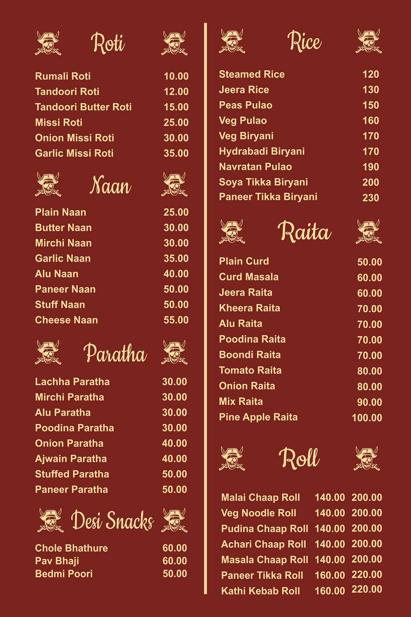 Menu at Captain Katora Yamuna Vihar, Delhi
