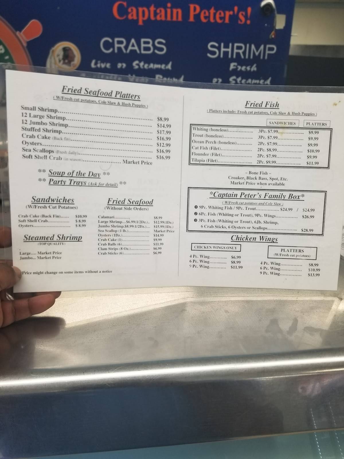 Menu at Captain Peter's Seafood restaurant, Clinton