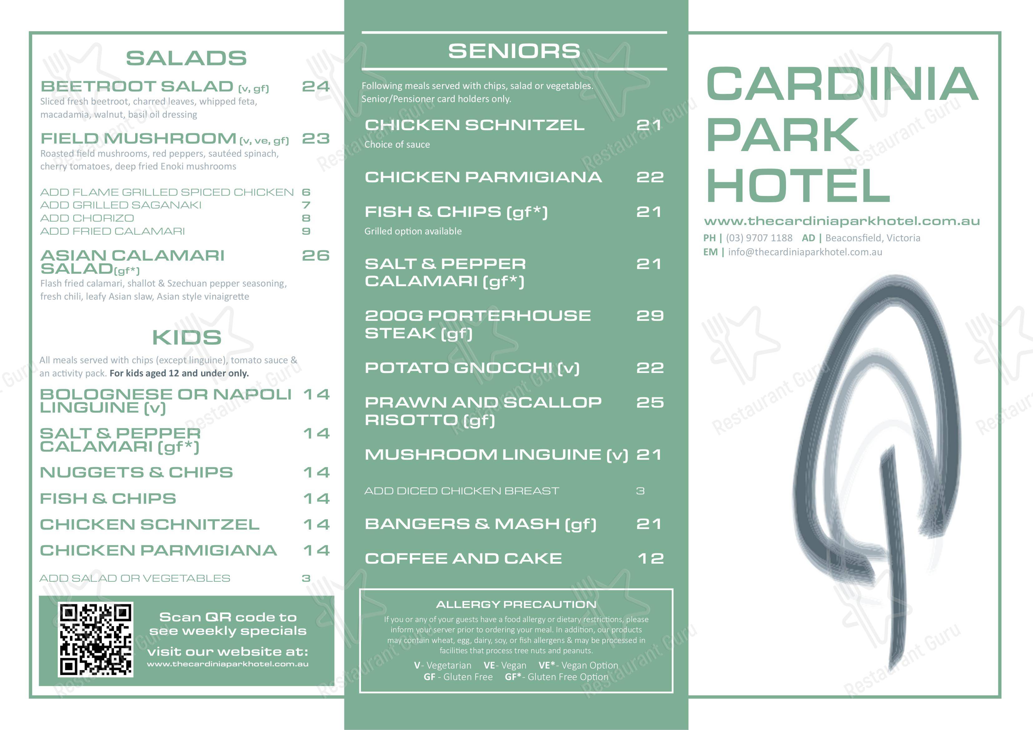 Menu at Cardinia Park Hotel restaurant, Beaconsfield