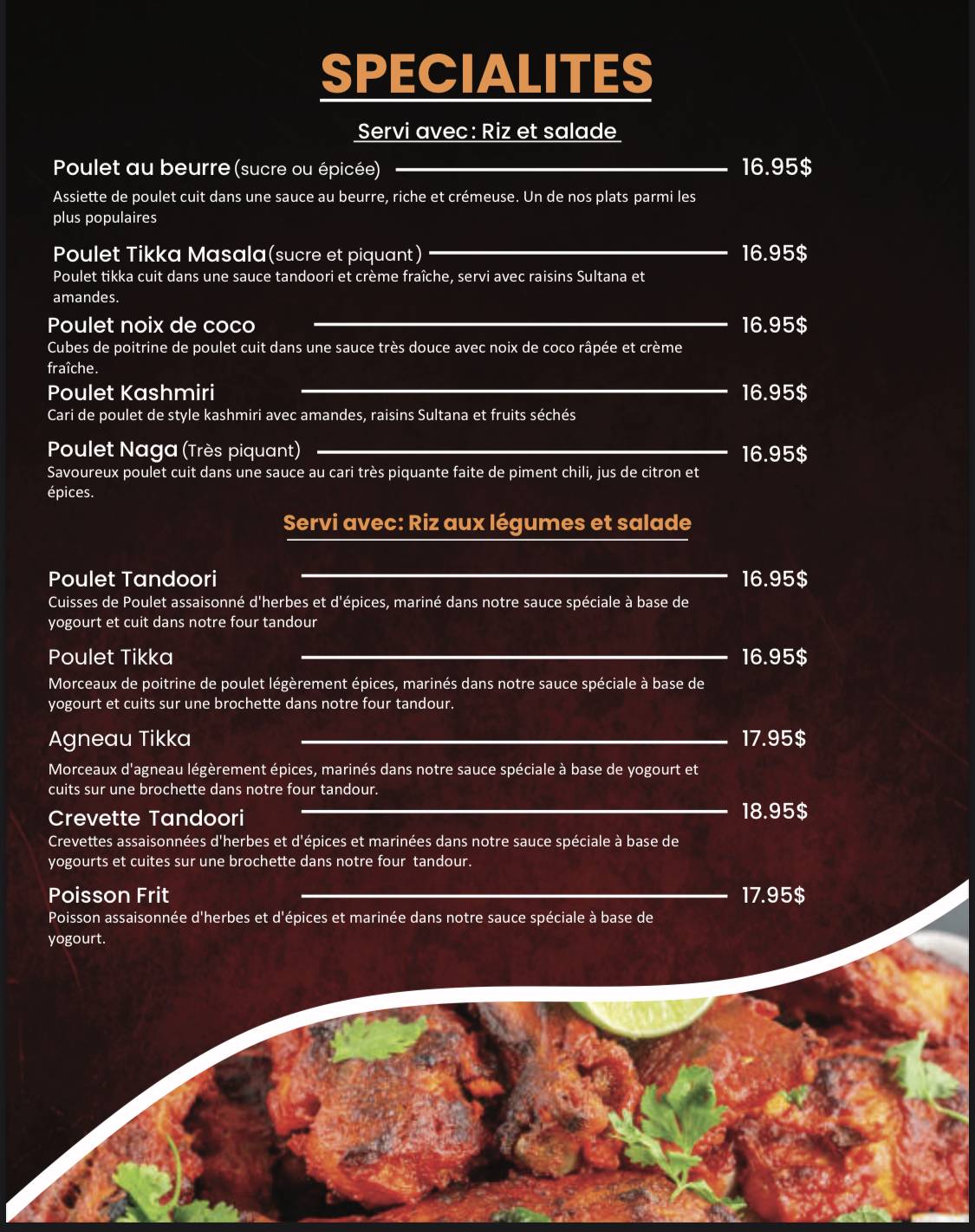 Menu au Restaurant Indien Cari Express (Halal), Québec