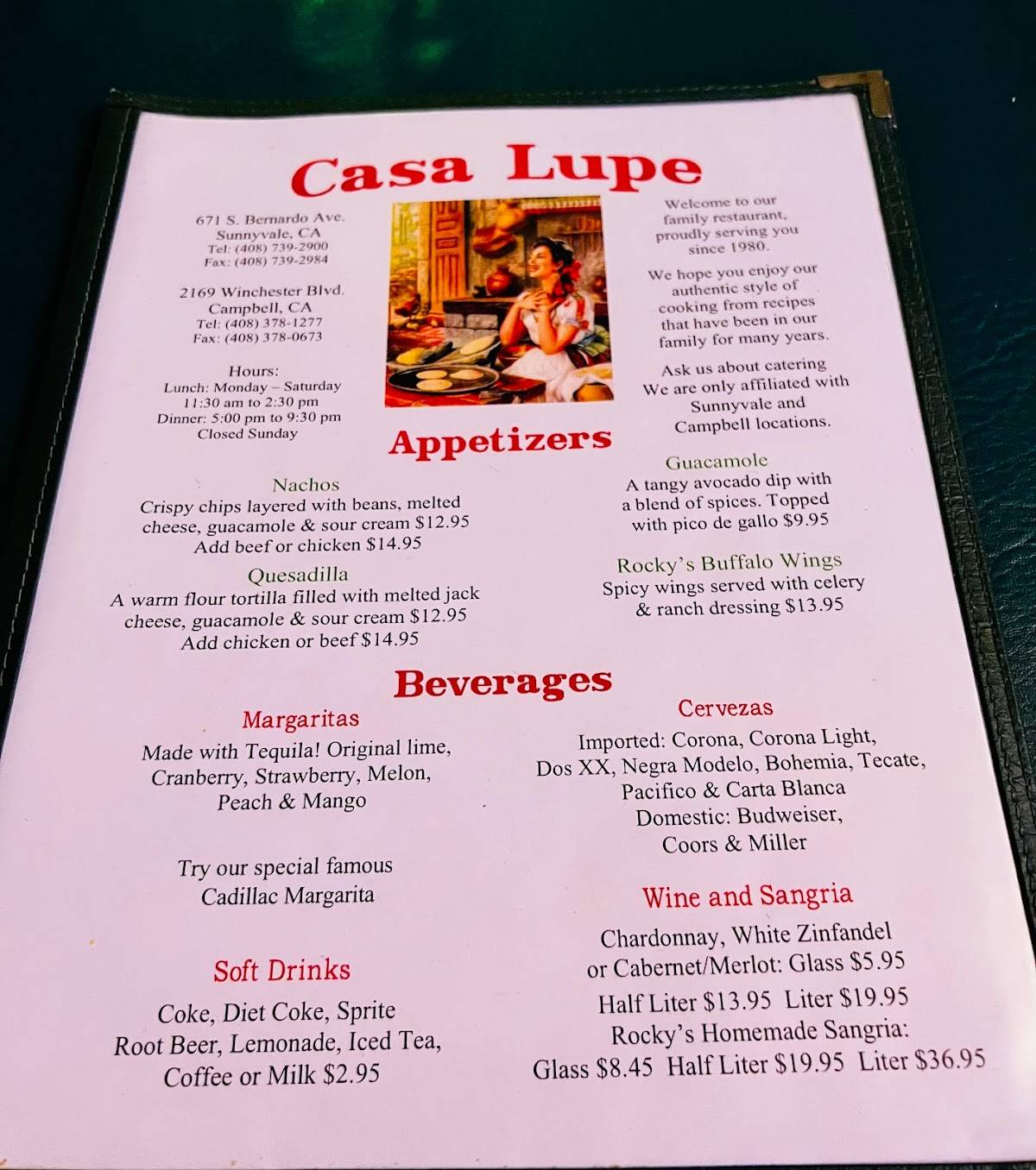 Menu at Casa Lupe restaurant, Sunnyvale