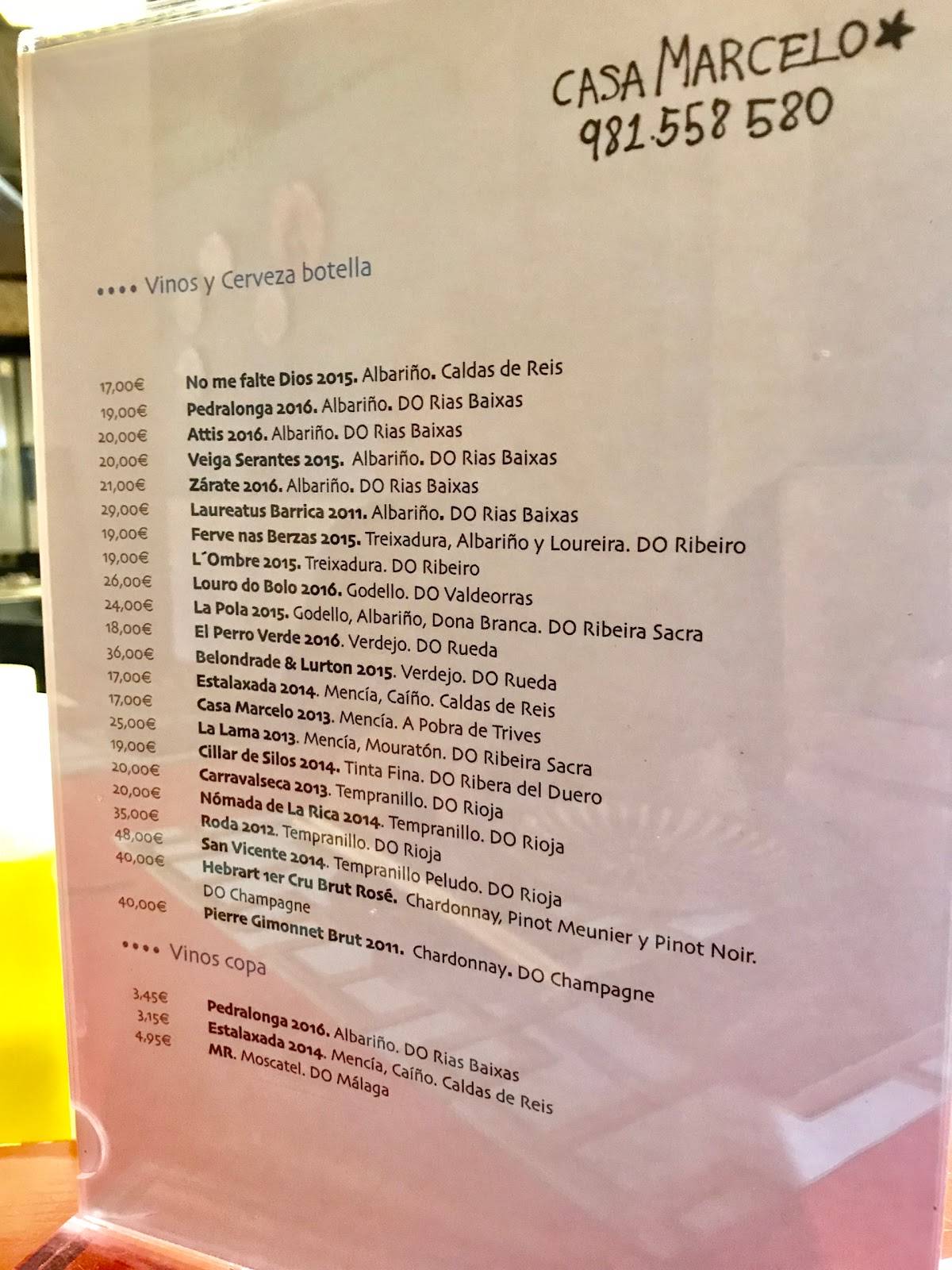 Carta del restaurante Casa Marcelo, Santiago del Compostela