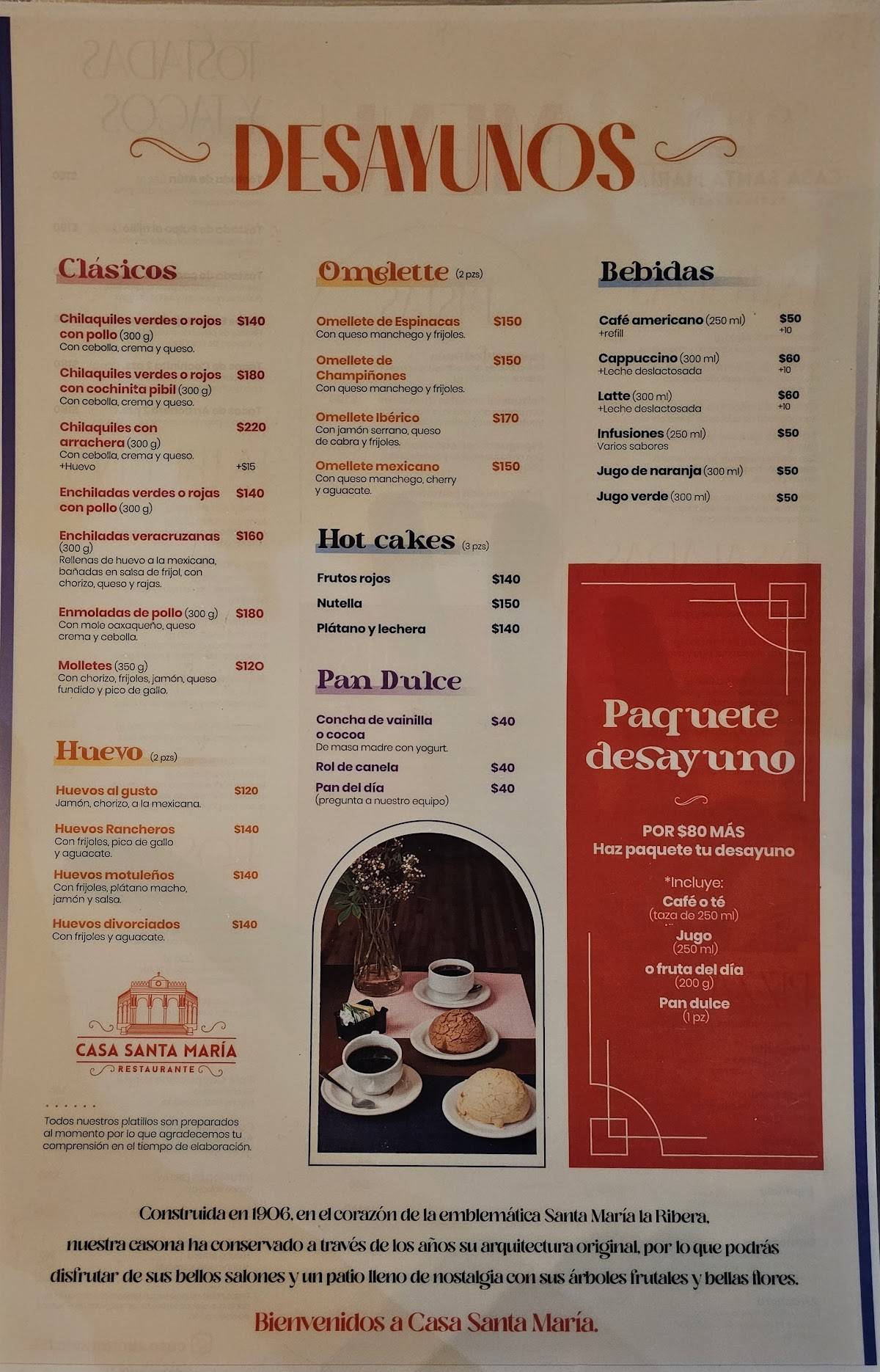 Menu at Casa Santa Maria restaurant, Mexico City