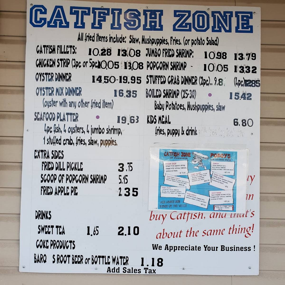 Menu at Catfish Zone restaurant, Columbia, US-98