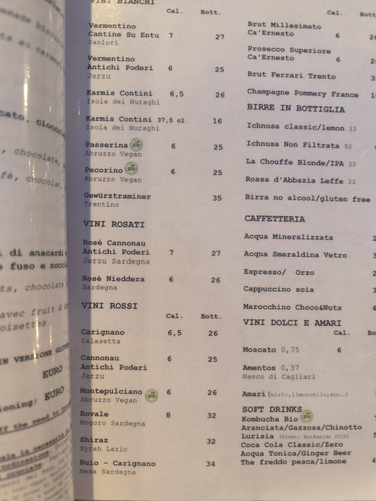 Menu at Cavò Bistrot restaurant, Cagliari