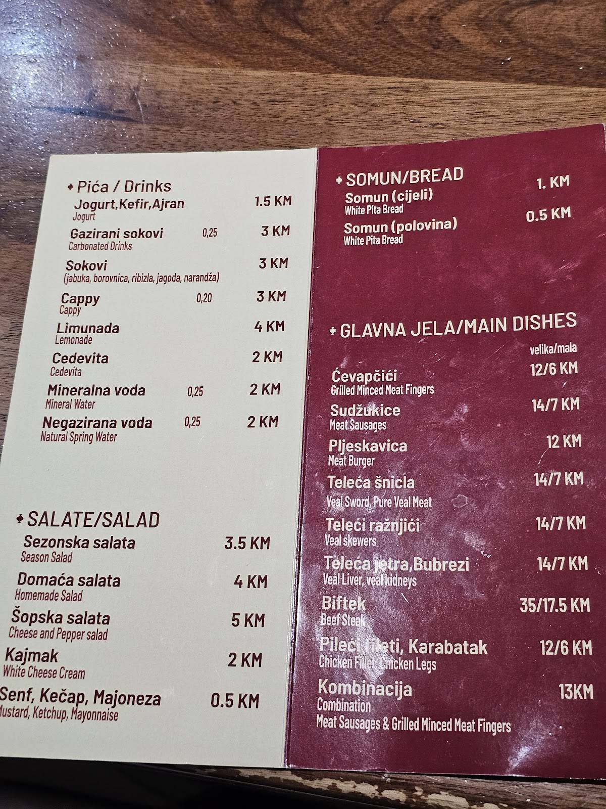 Menu at Ćevabdžinica Petica Ferhatović restaurant, Sarajevo