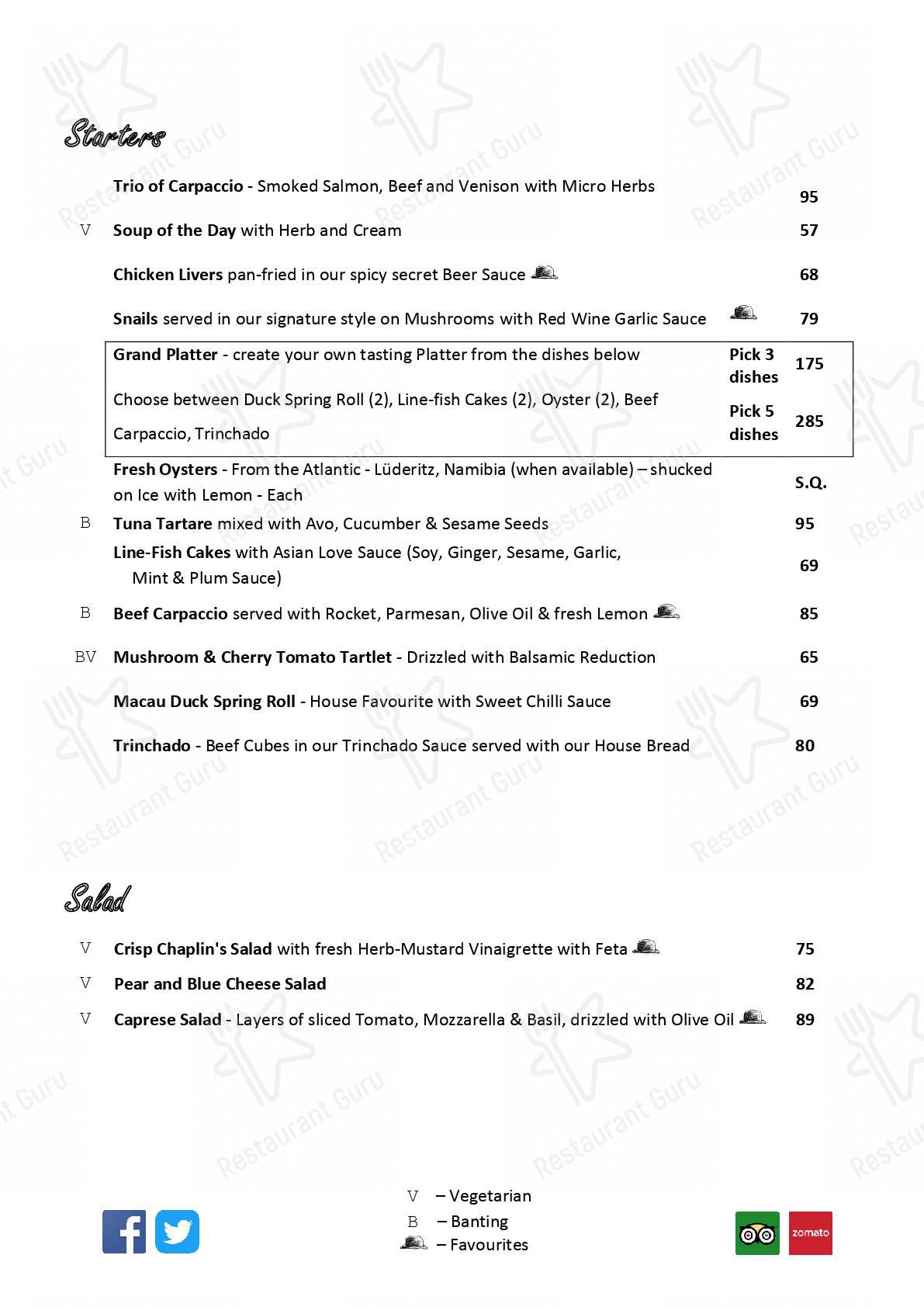 Menu at Chaplin's Grill restaurant, Sandton