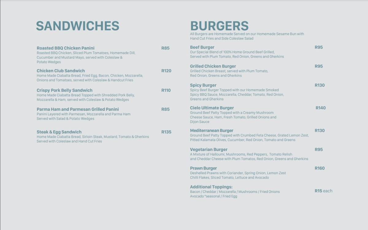 Menu at Cielo Restaurant, Benoni