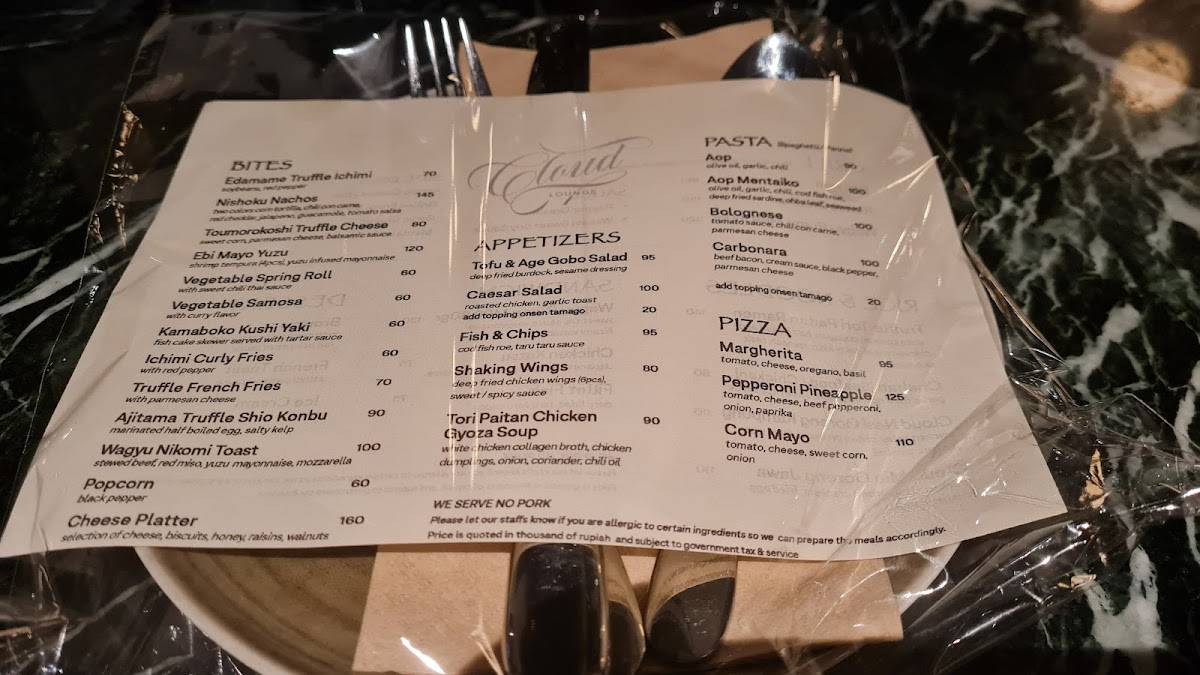 Menu at Cloud Lounge Jakarta (Rooftop) restaurant, Central Jakarta
