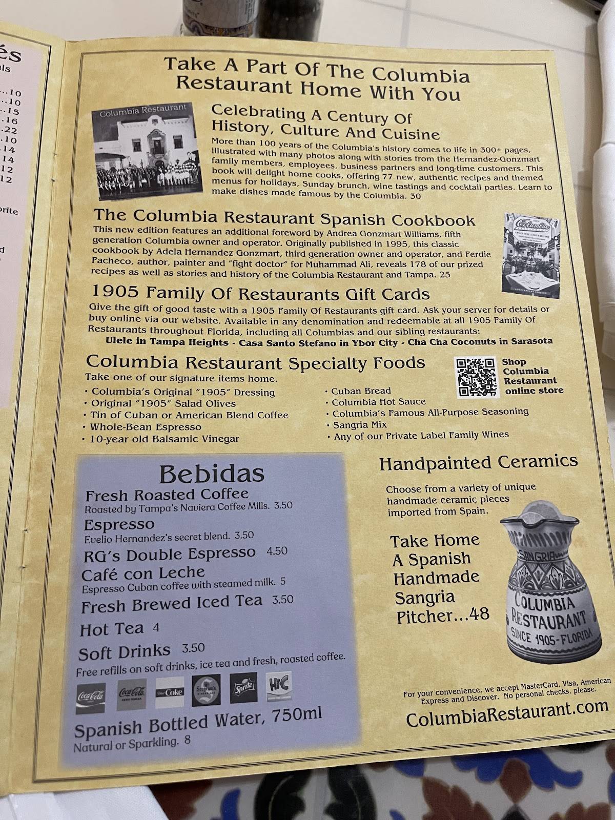 Menu at Columbia Restaurant, St. Augustine