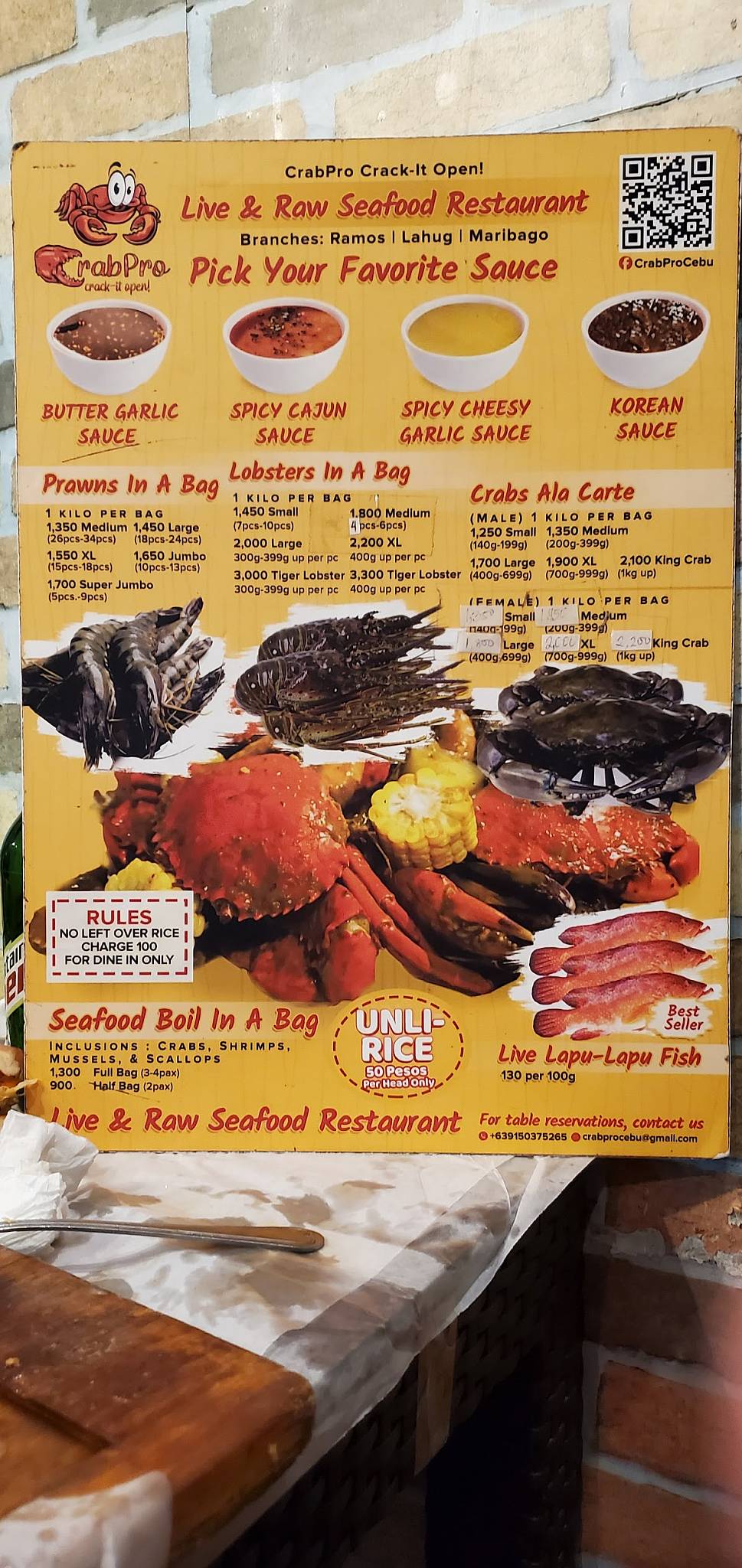 Menu at CrabPro Cebu restaurant, Cebu City