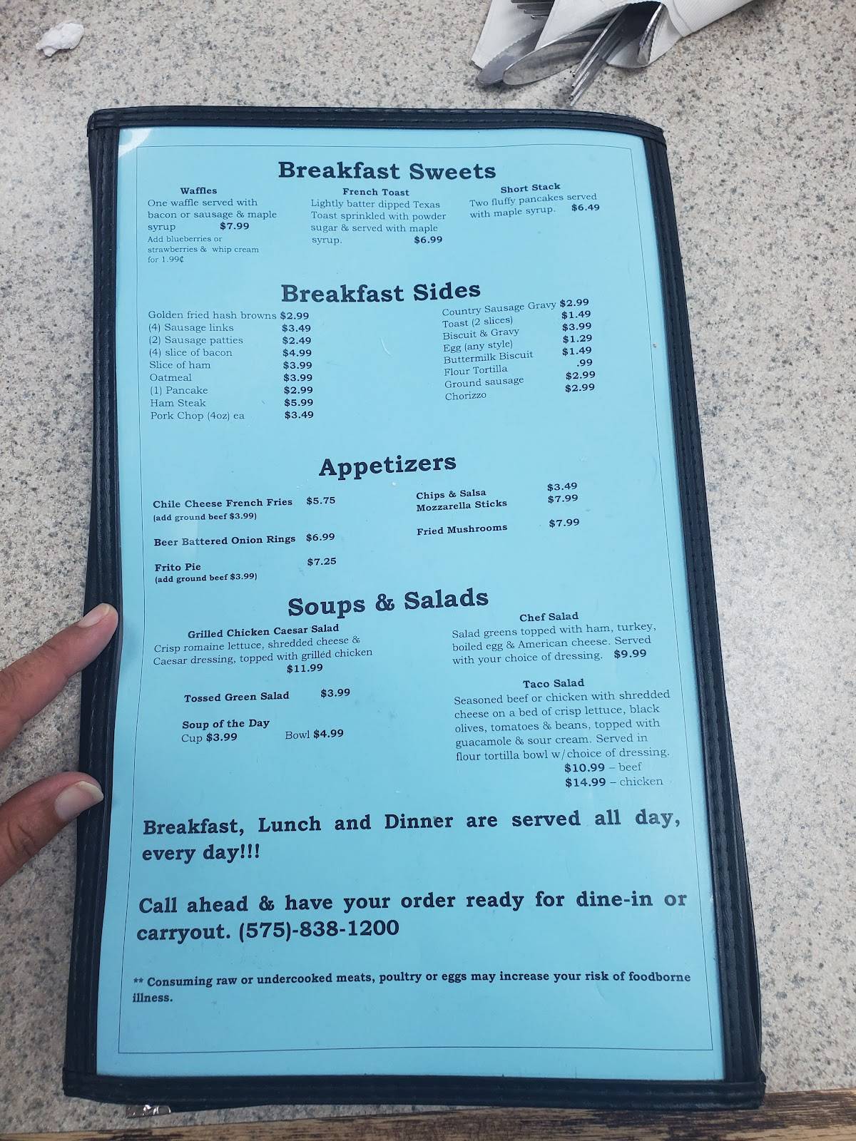 Menu at Crane Cafe, Lemitar