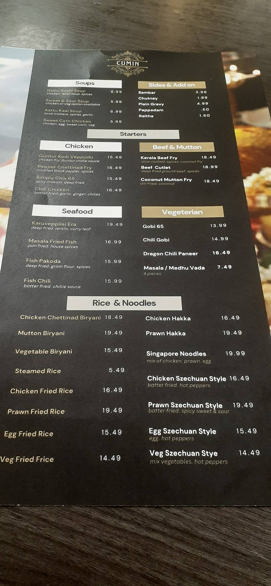 Menu at Cumin South Indian Restaurant, Edmonton