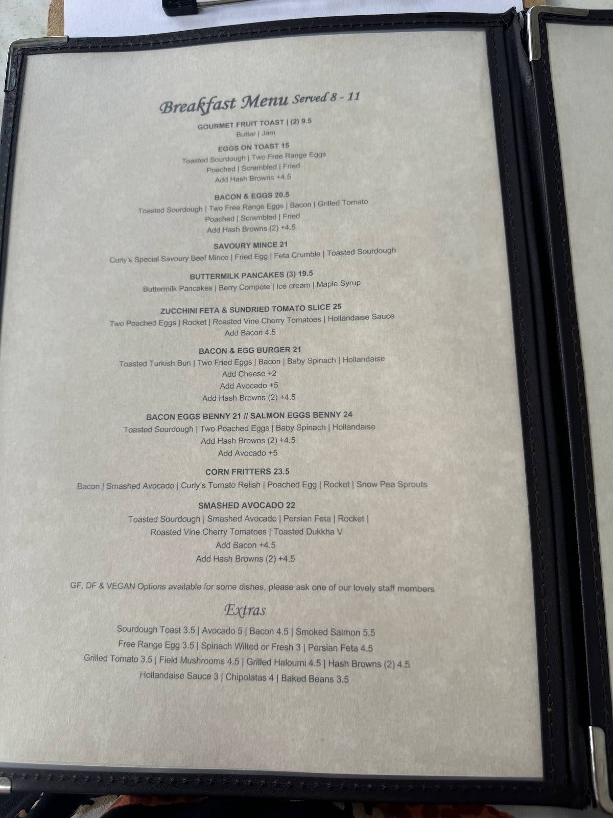 Menu at Curlys on the Boardwalk restaurant, Mount Coolum