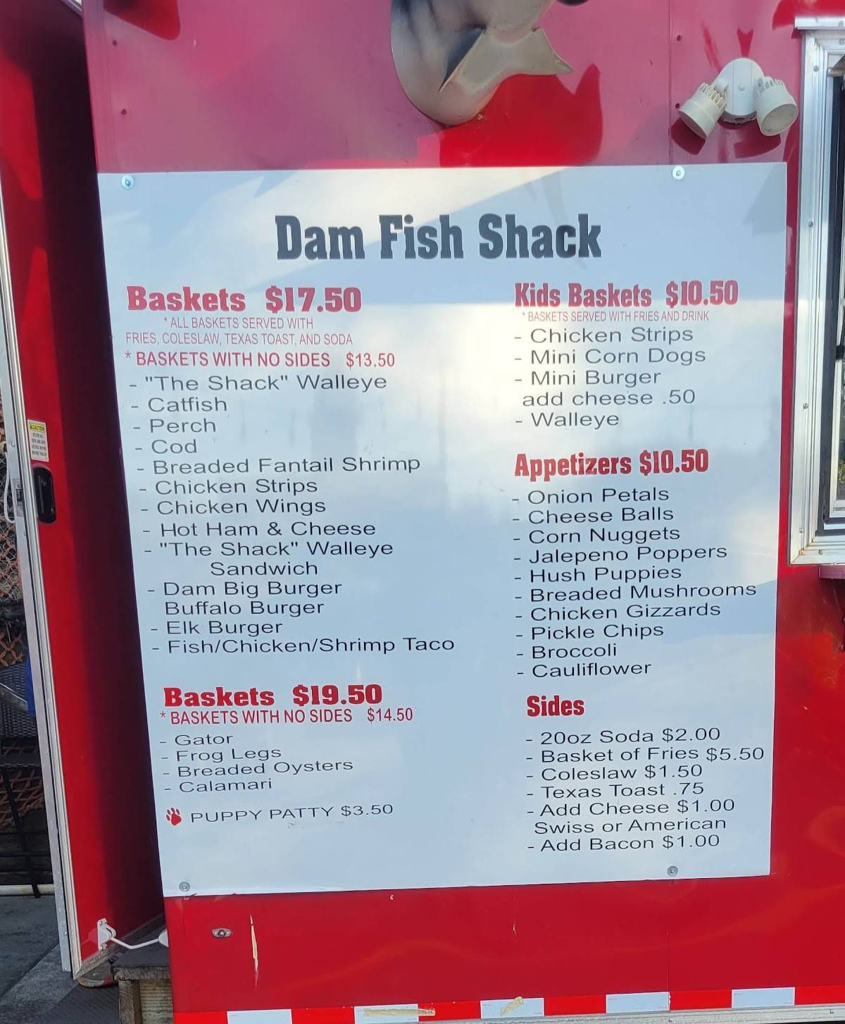 Menu at Dam Fish Shack restaurant, USA, Highway 121