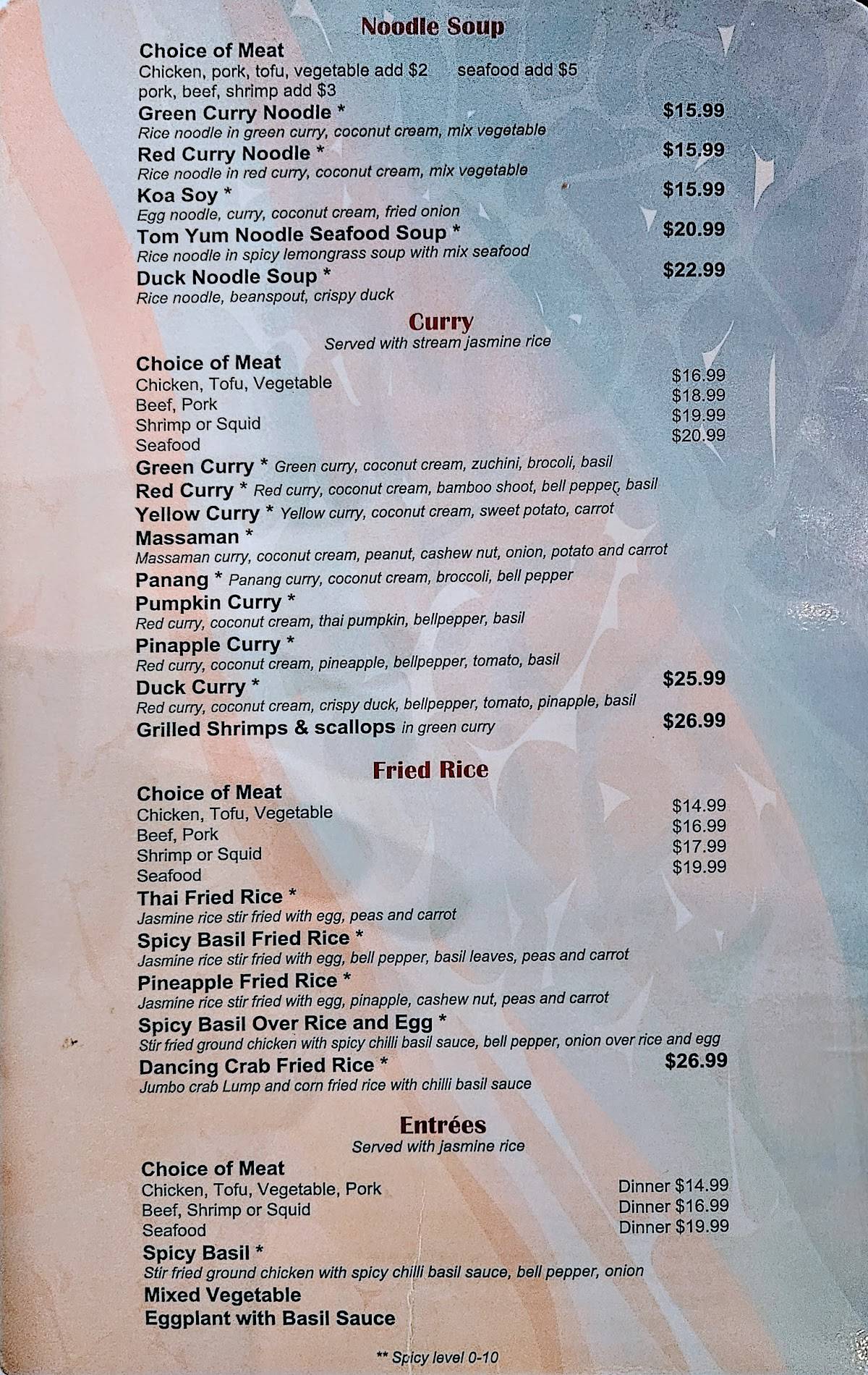 Menu at Dancing Crab Thai restaurant, Pittsburgh, W Liberty Ave