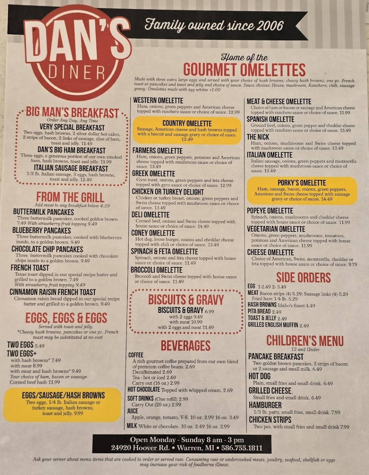 Menu at Dan's Diner restaurant, Warren
