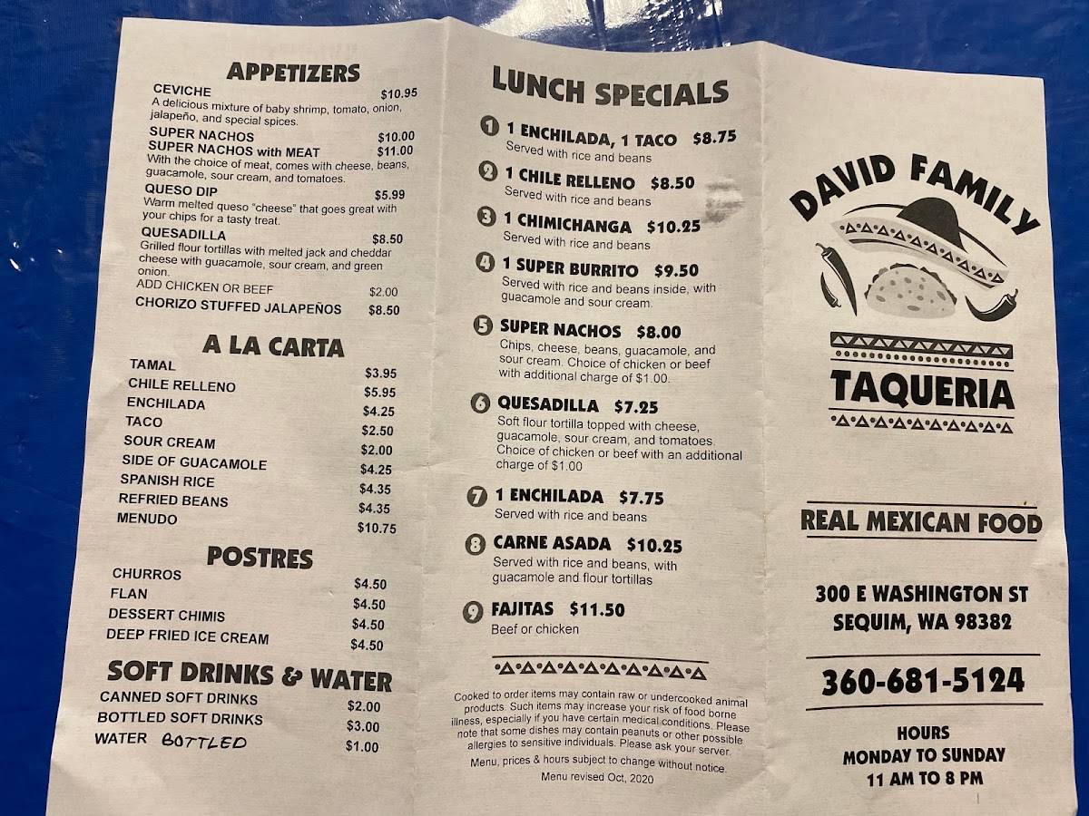Menu at David Family Taqueria restaurant, Sequim
