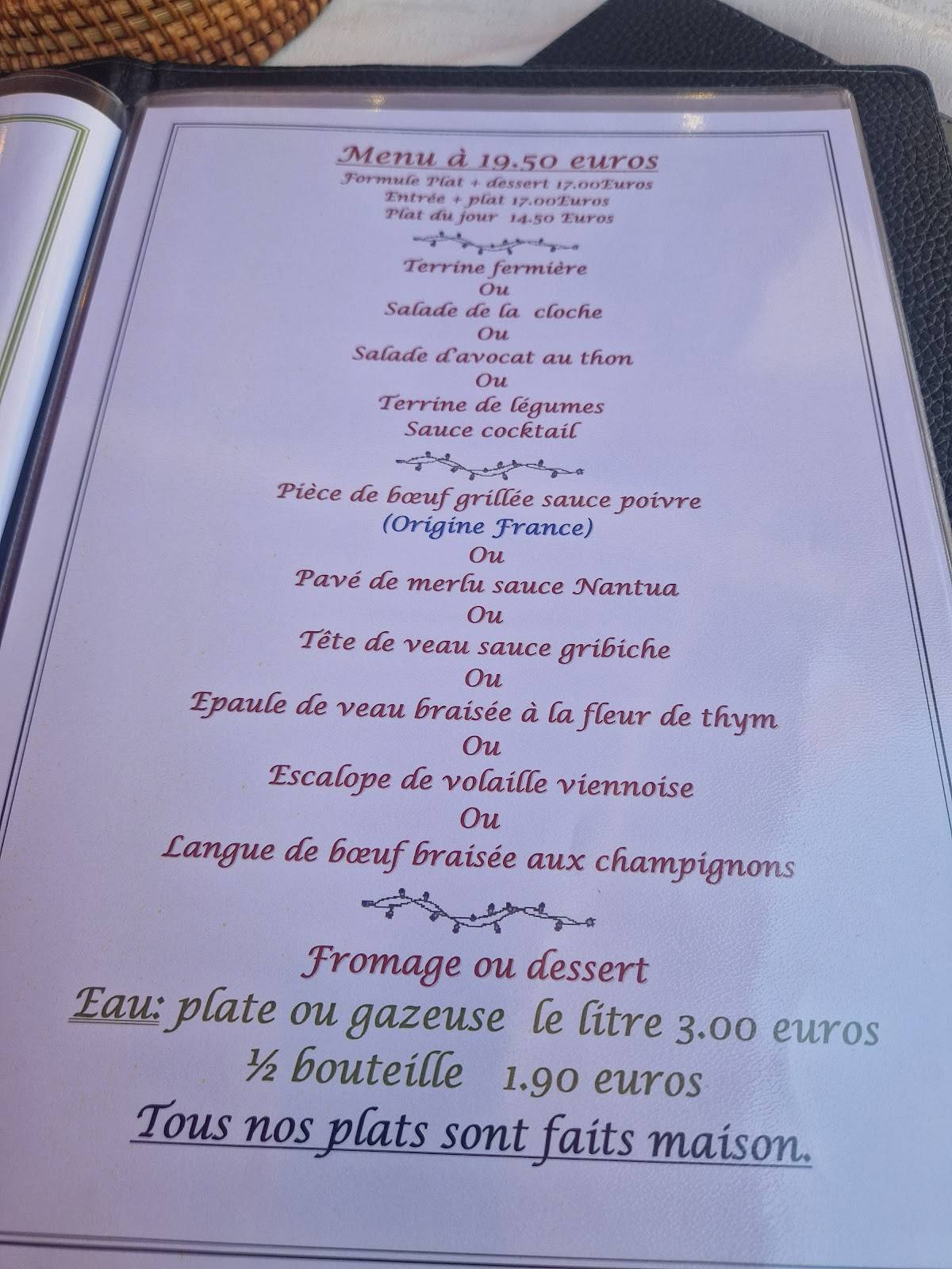 Menu au restaurant de la cloche, Bletterans