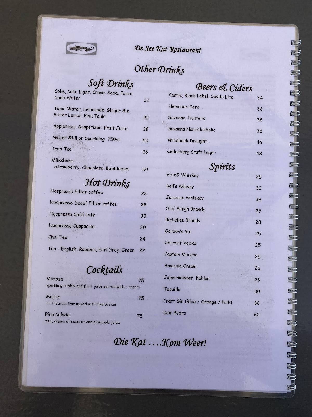 Menu at De See Kat Restaurant, Paternoster