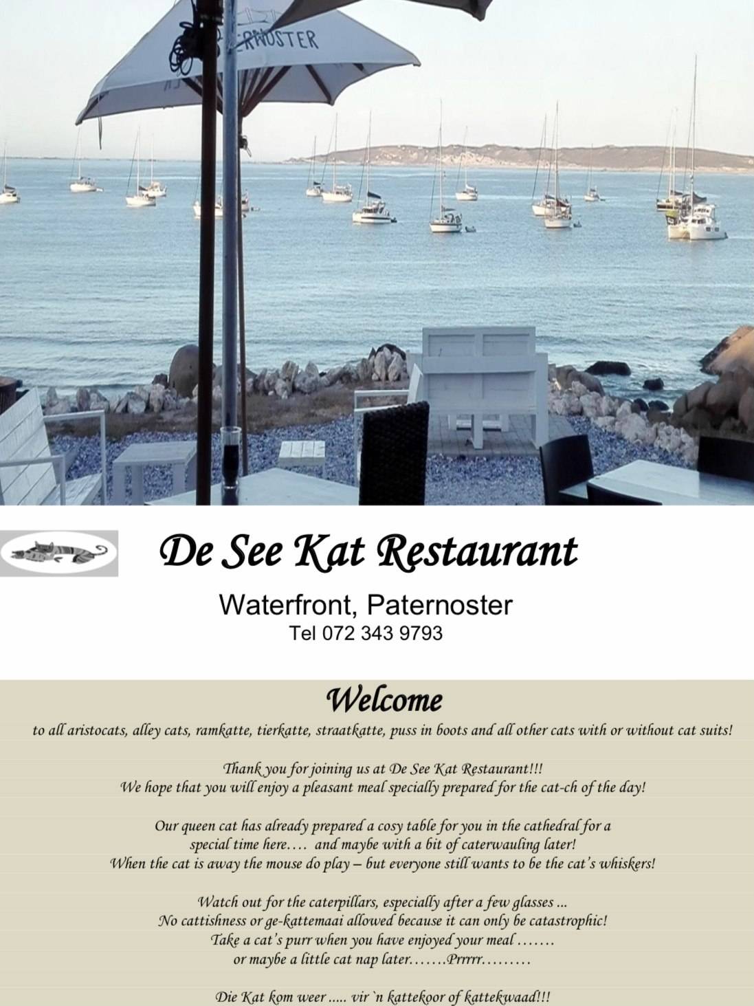 Menu at De See Kat Restaurant, Paternoster