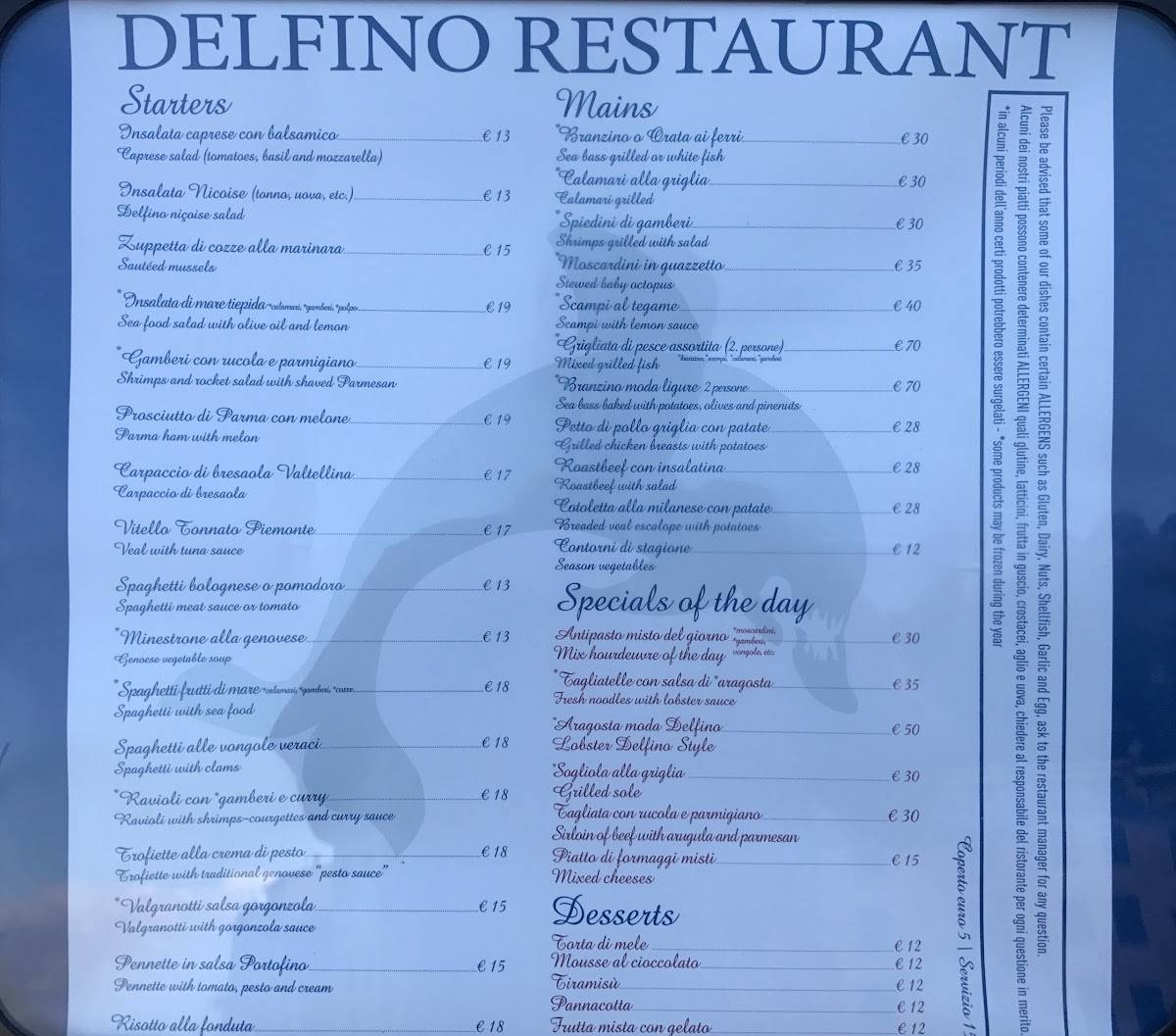 Menu da Delfino ristorante, Portofino