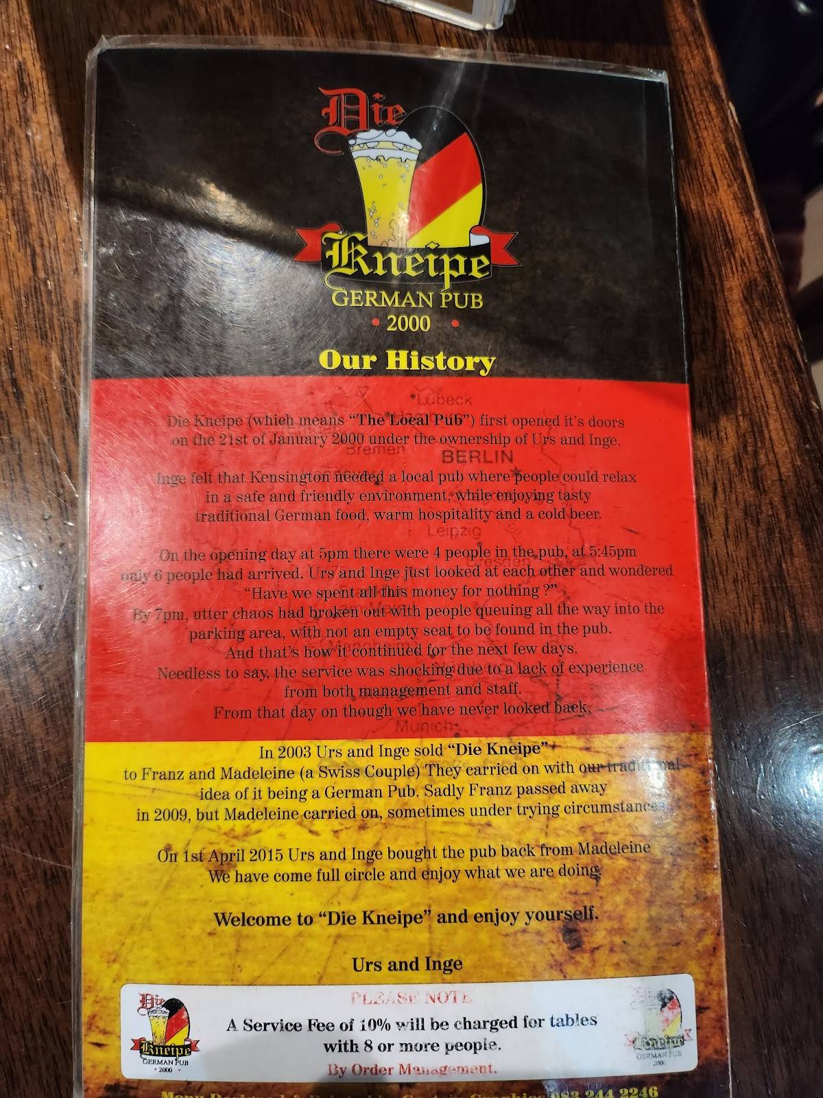 Menu at Die Kneipe German Pub, Johannesburg, Queen Place