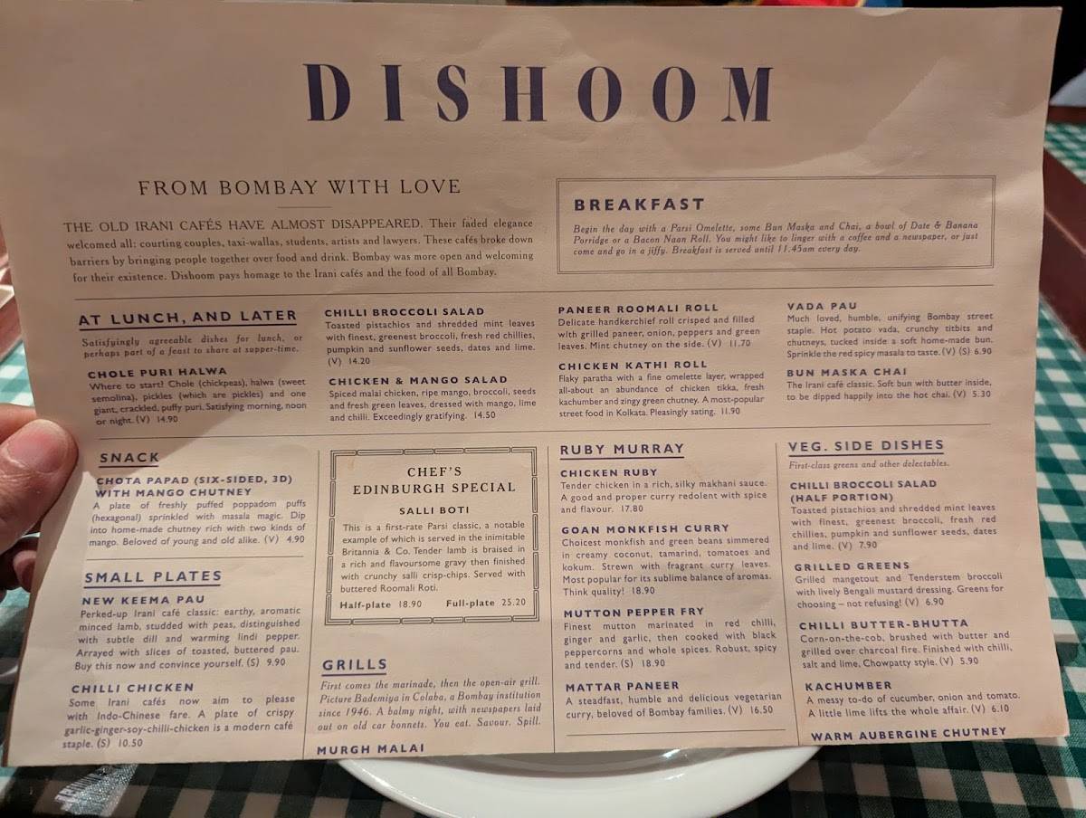 Menu at Dishoom Edinburgh restaurant, Edinburgh, 3a St Andrew Square