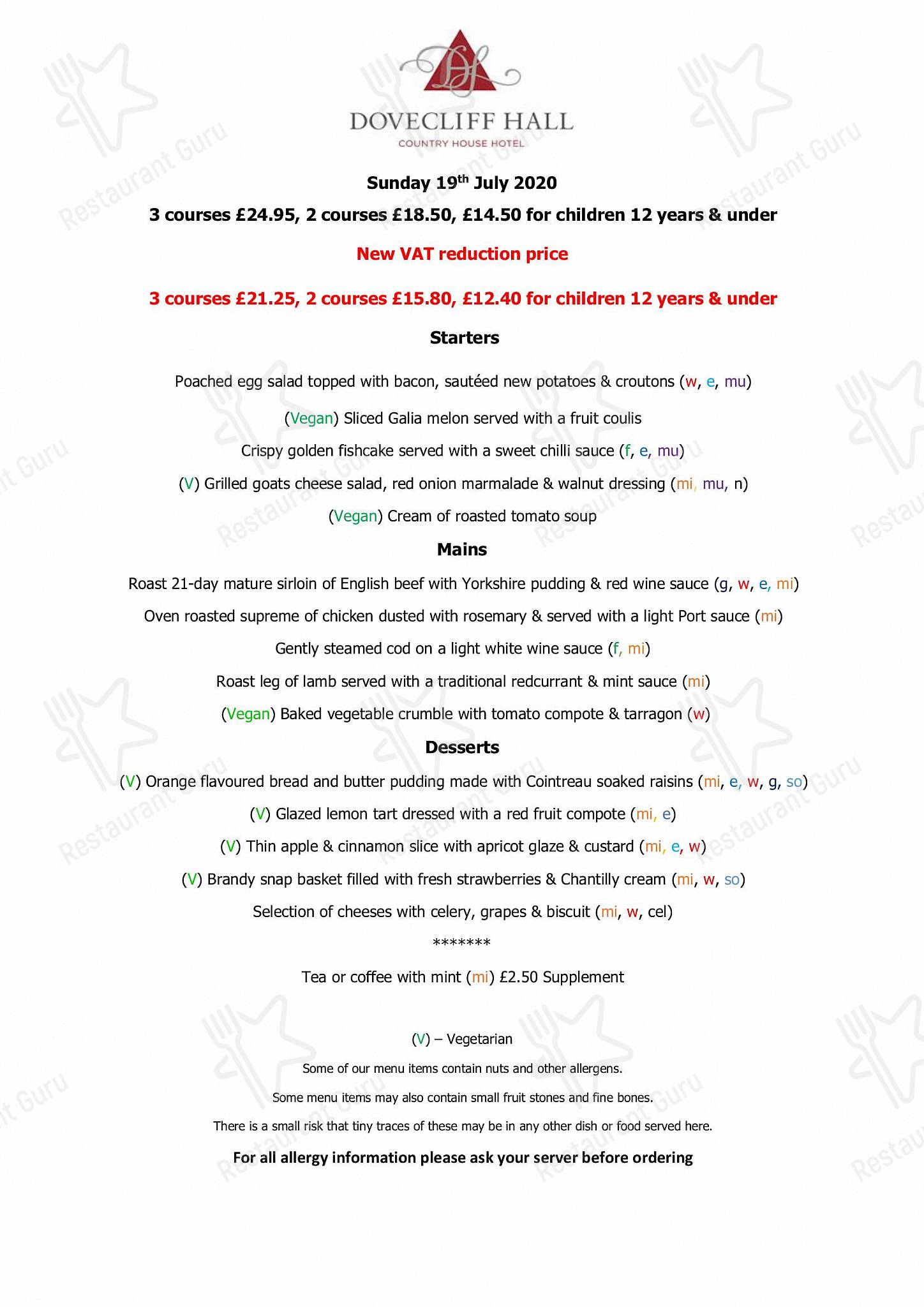 Menu at Dovecliff Hall Terrace restaurant, Burton upon Trent