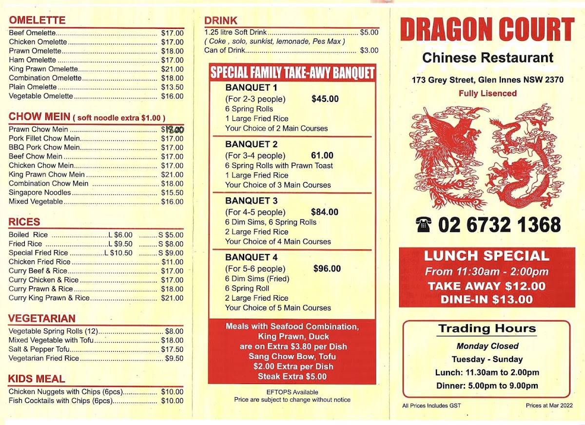 Menu at Dragon Court Restaurant, Glen Innes