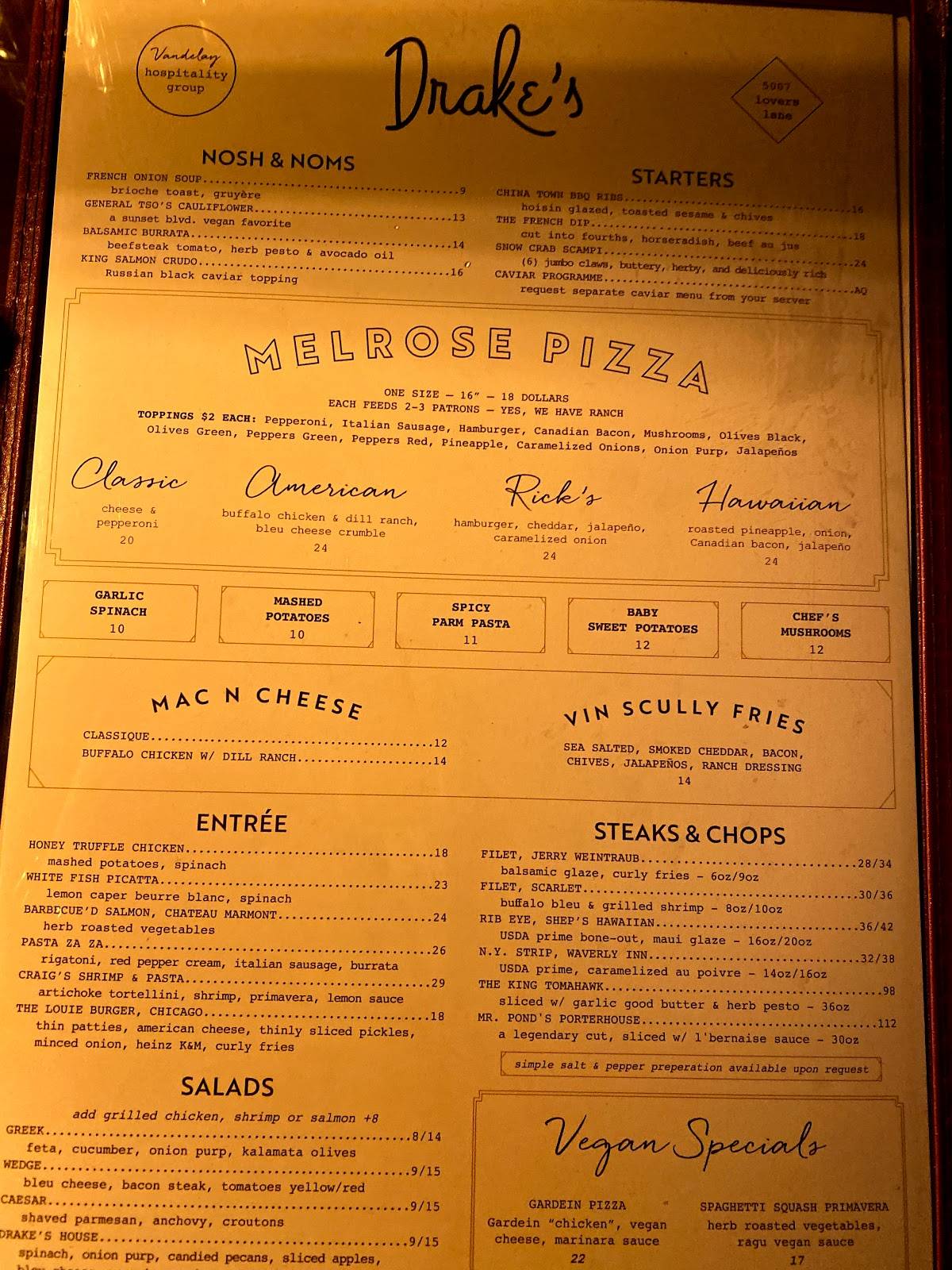 Menu at Drake's Hollywood restaurant, Dallas