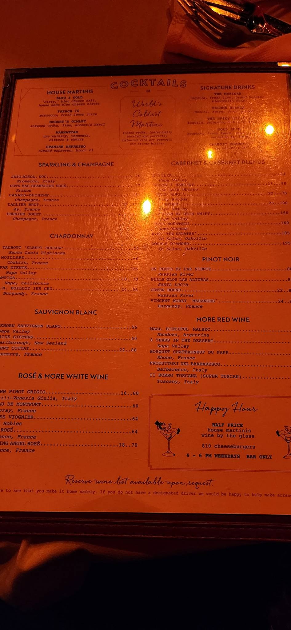 Menu at Drake's Hollywood restaurant, Dallas