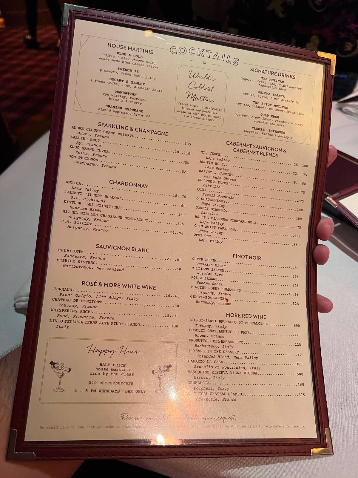 Menu at Drake's Hollywood restaurant, Dallas