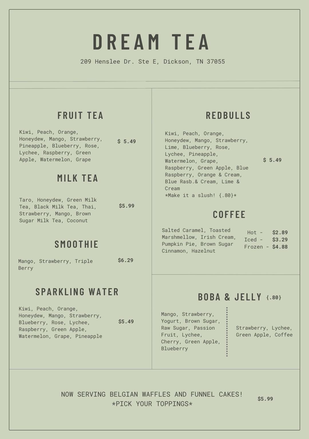 Menu at Dream Tea, Dickson