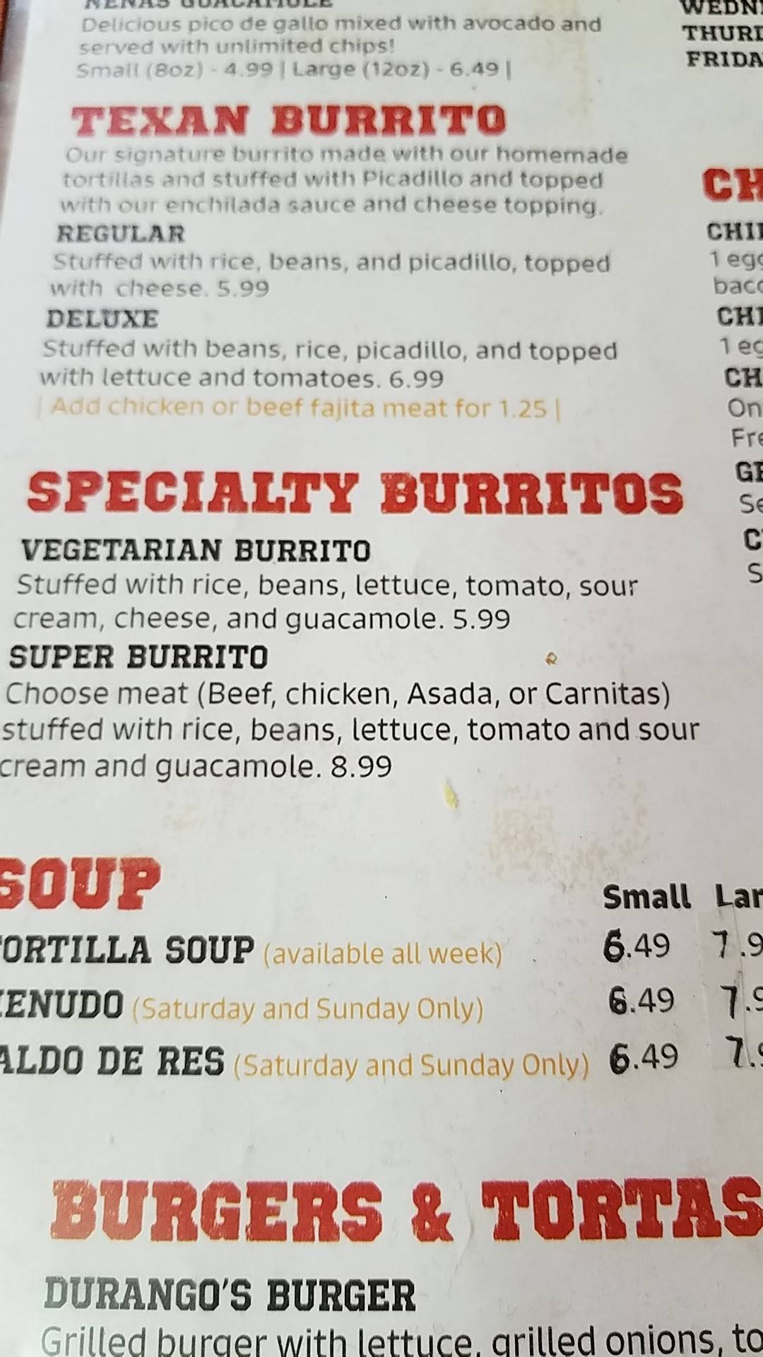 Menu at Durango Restaurant, Wimberley