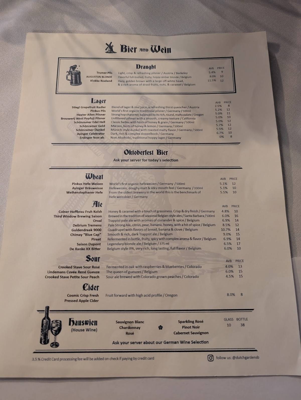 Menu at Dutch Garden Restaurant, Santa Barbara