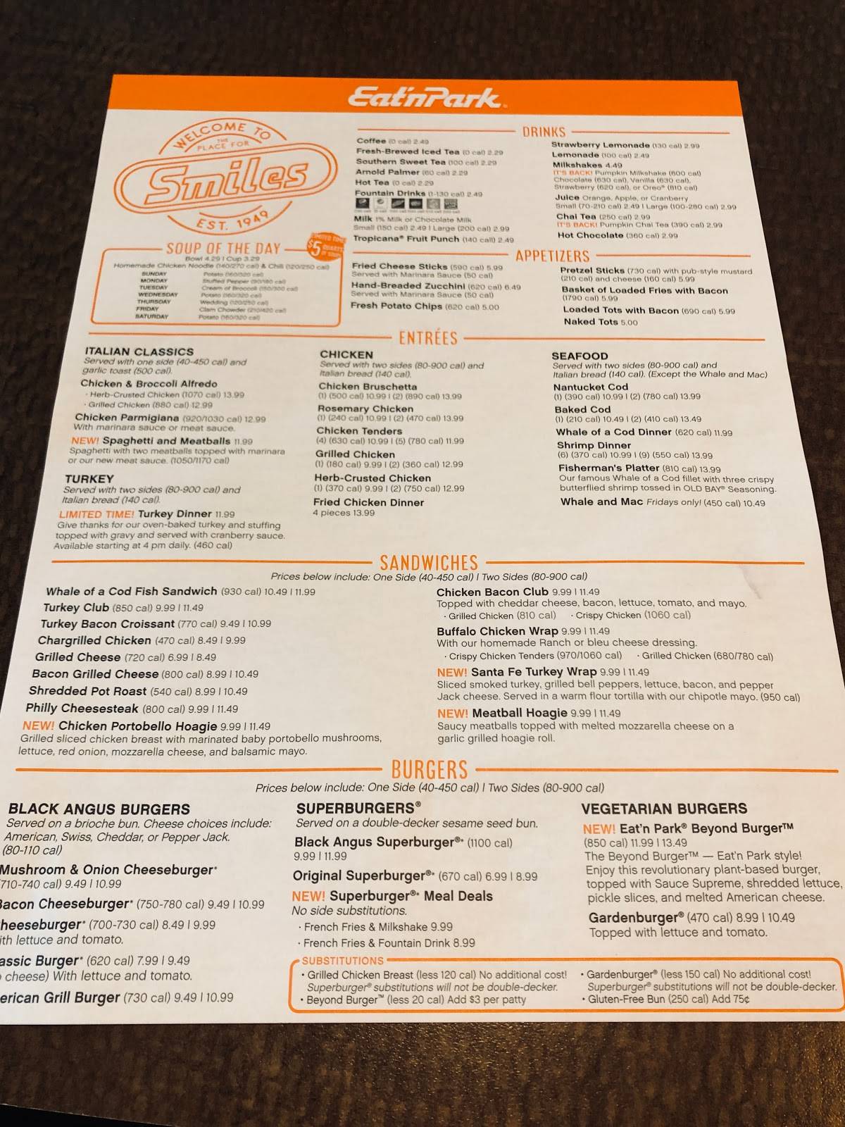Menu at Eat'n Park restaurant, Gibsonia, State Hwy 8