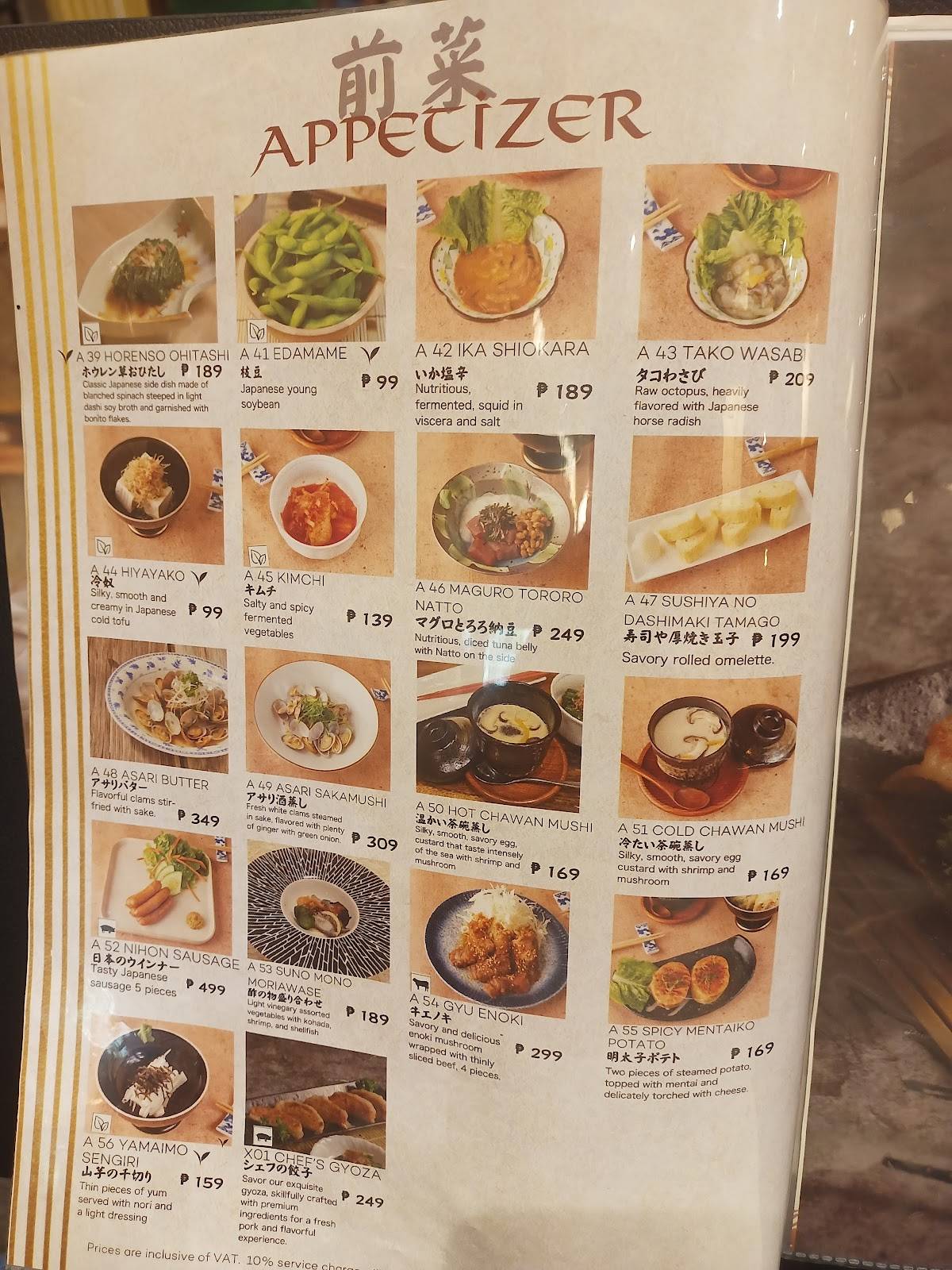 Menu at Edoya restaurant, Makati