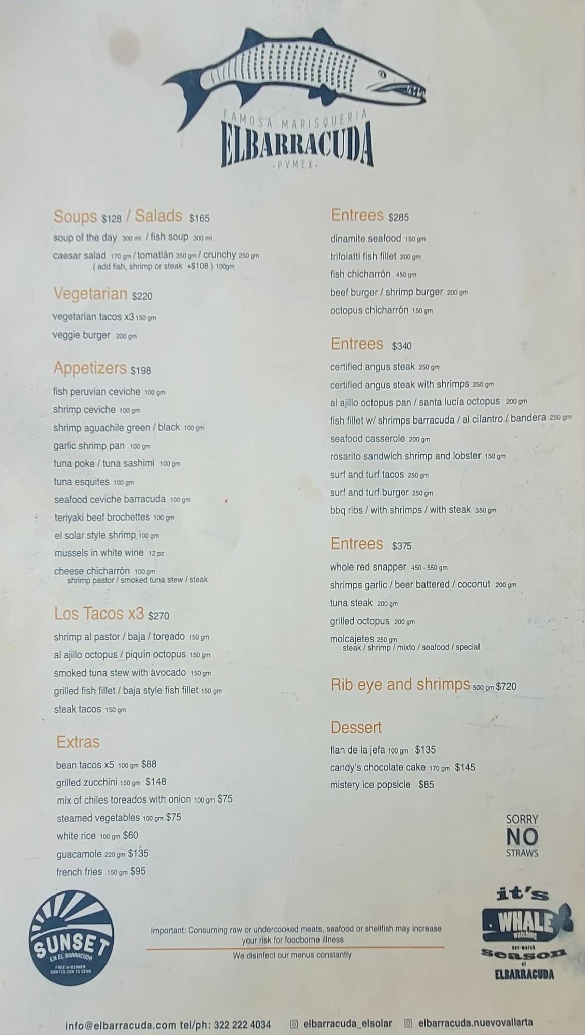Menu at Restaurant El Barracuda, Nuevo Vallarta, Blvrd de Nayarit 708