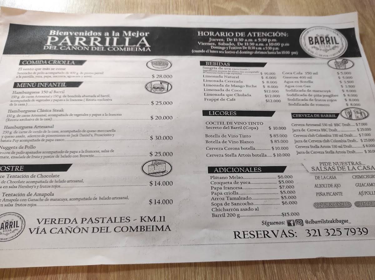 Menu at El Barril Steak, Colombia