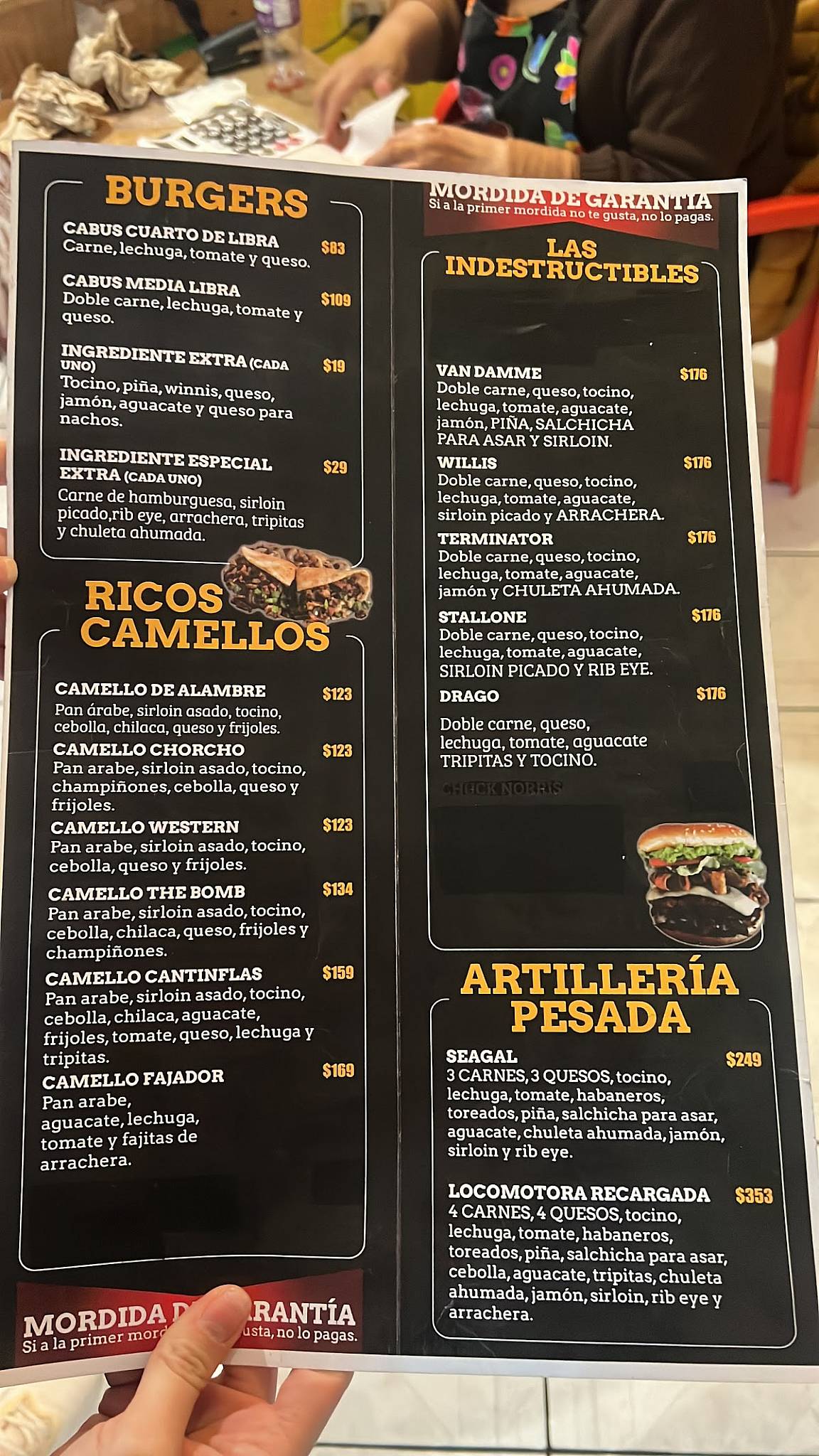 Carta del restaurante El Cabus Burgers, Chihuahua