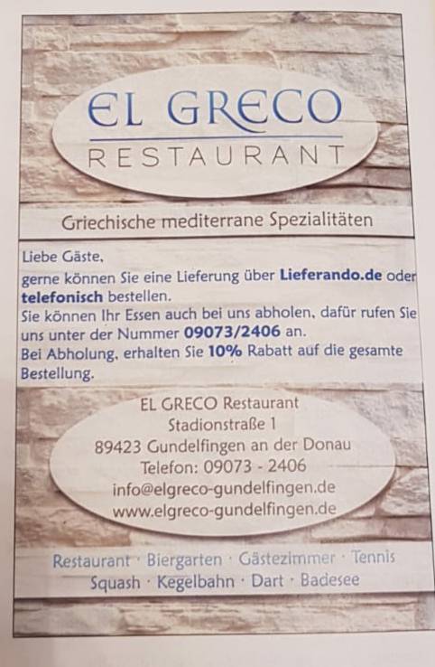 Menu au Restaurant El Greco (Stadiongaststätte am Badesee ...