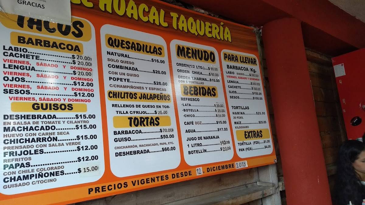 Carta del restaurante El Huacal, Saltillo
