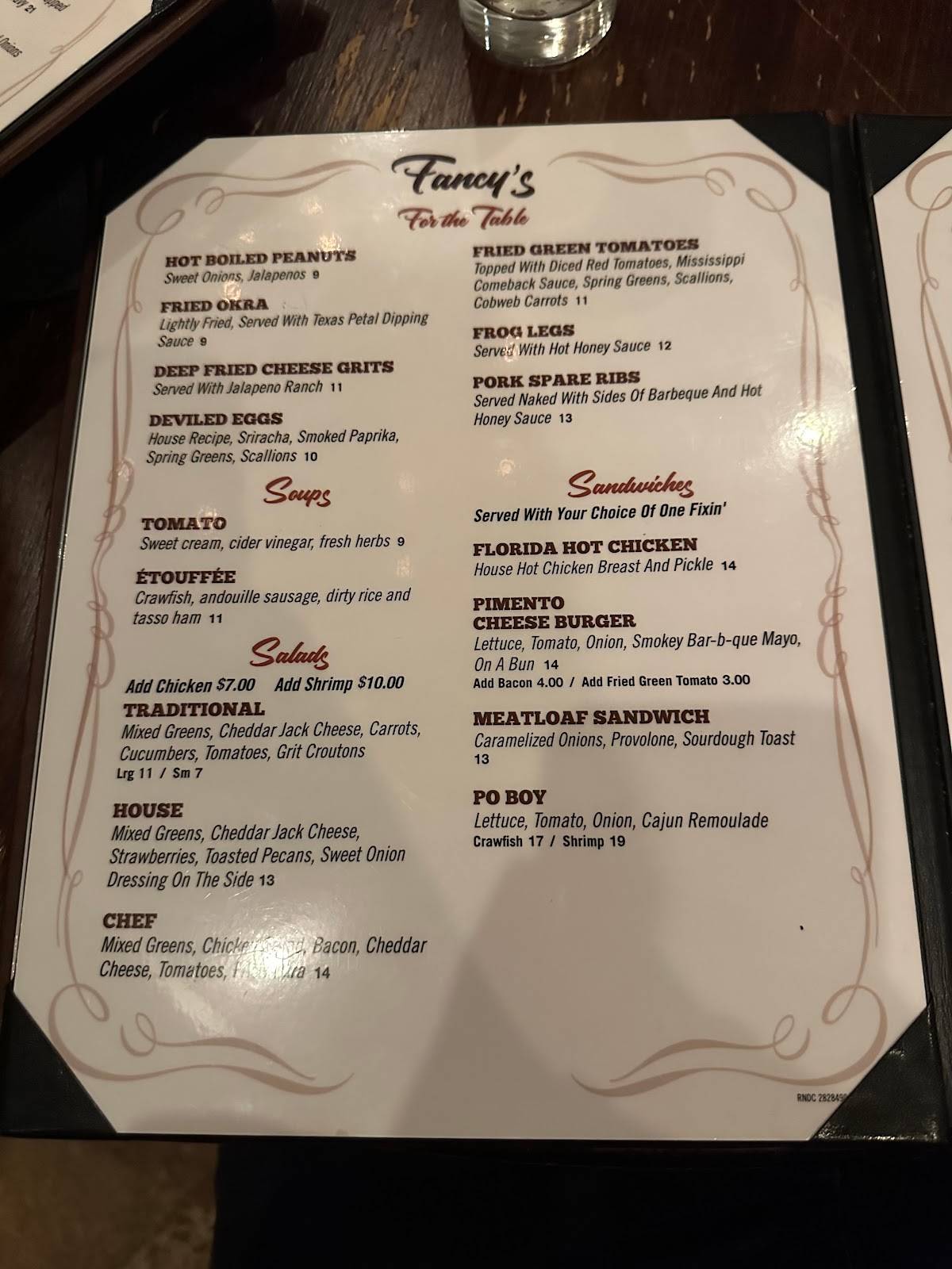 Menu at Fancy's Southern Cafe, Fort Myers