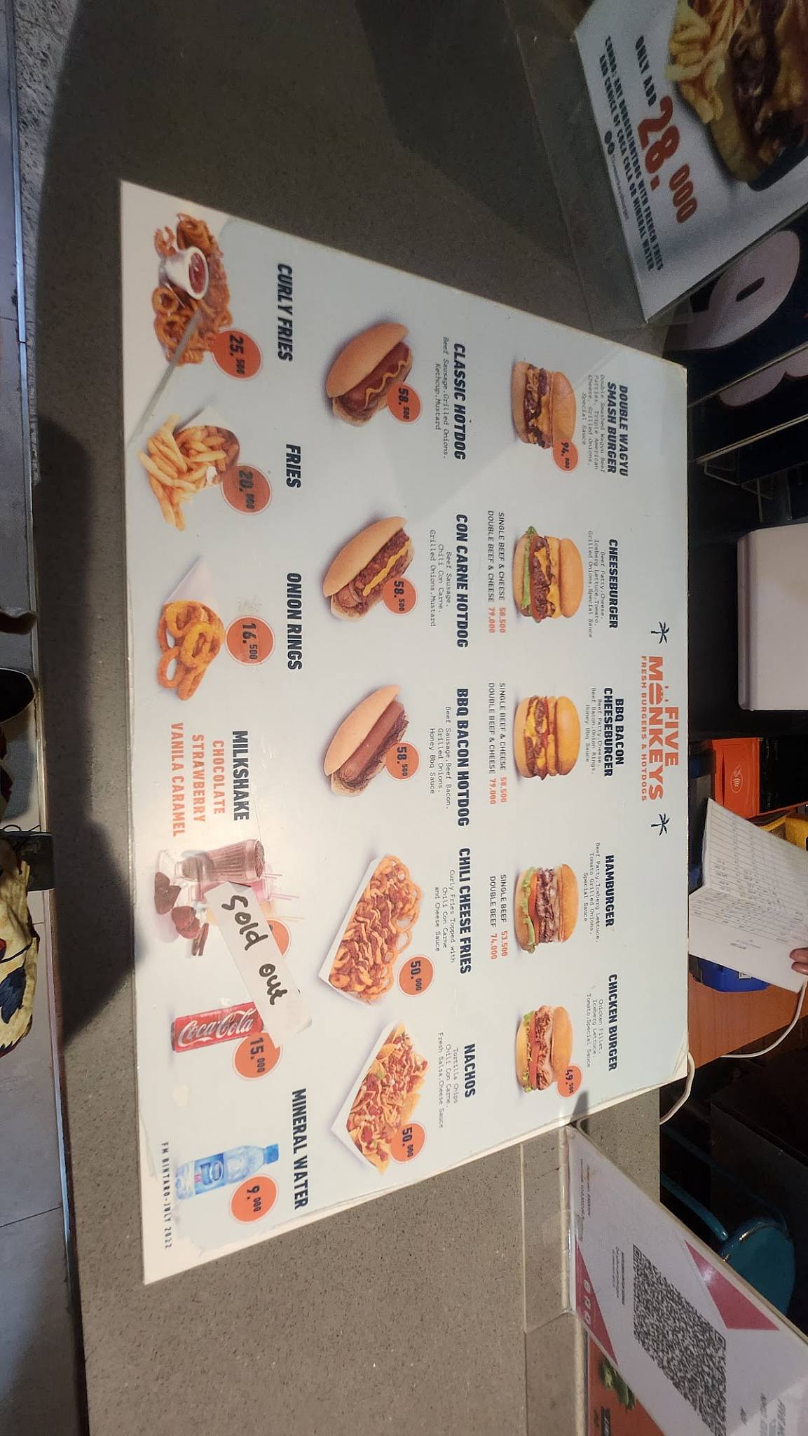 Carta del restaurante Five Monkeys Burger - Sarinah, Central Jakarta
