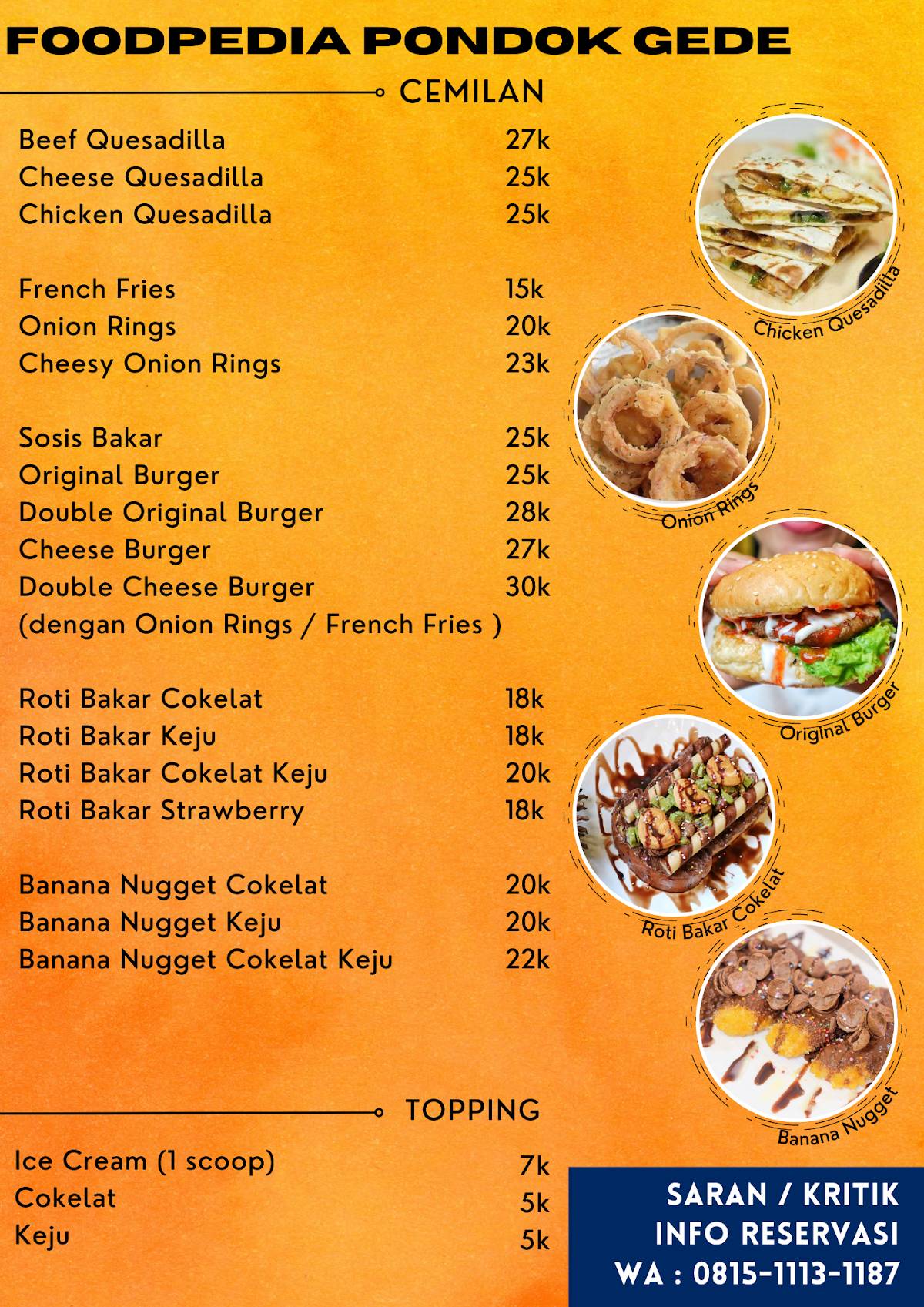 Menu at Foodpedia Pondok Gede restaurant, East Jakarta